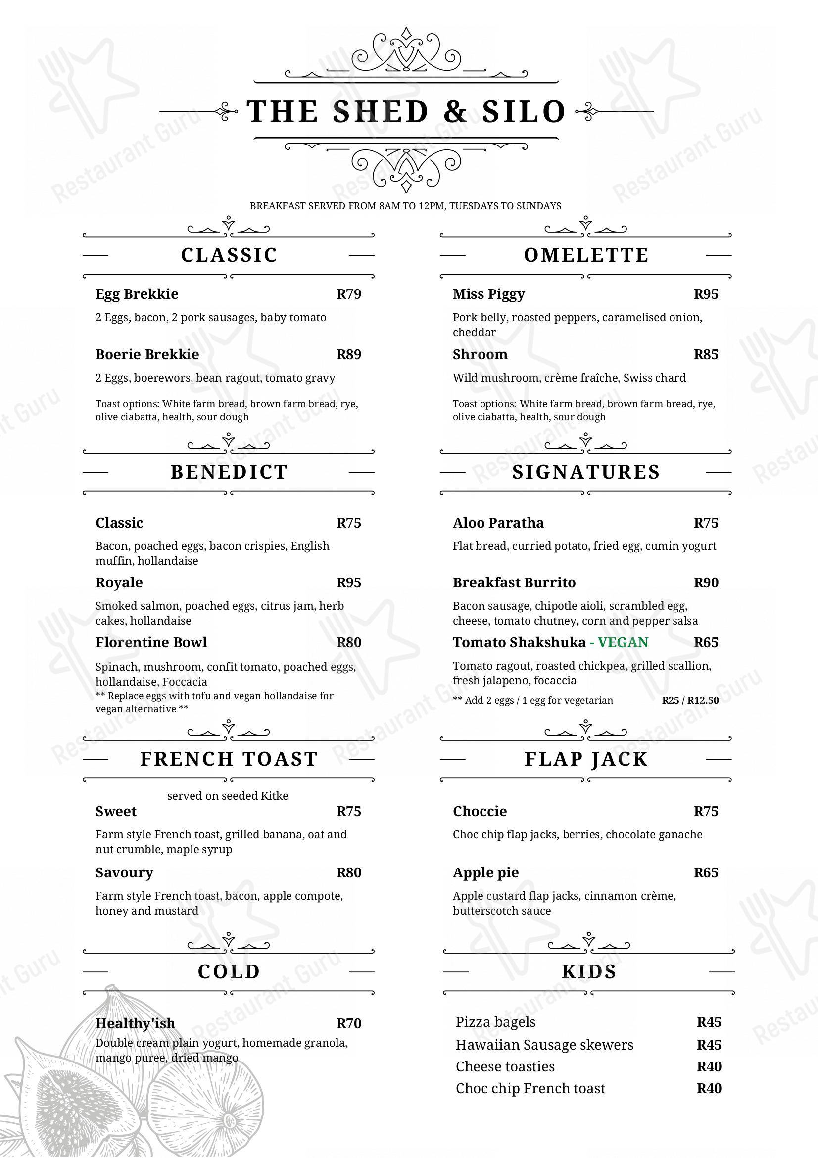 Menu at The Shed & Silo cafe, Benoni