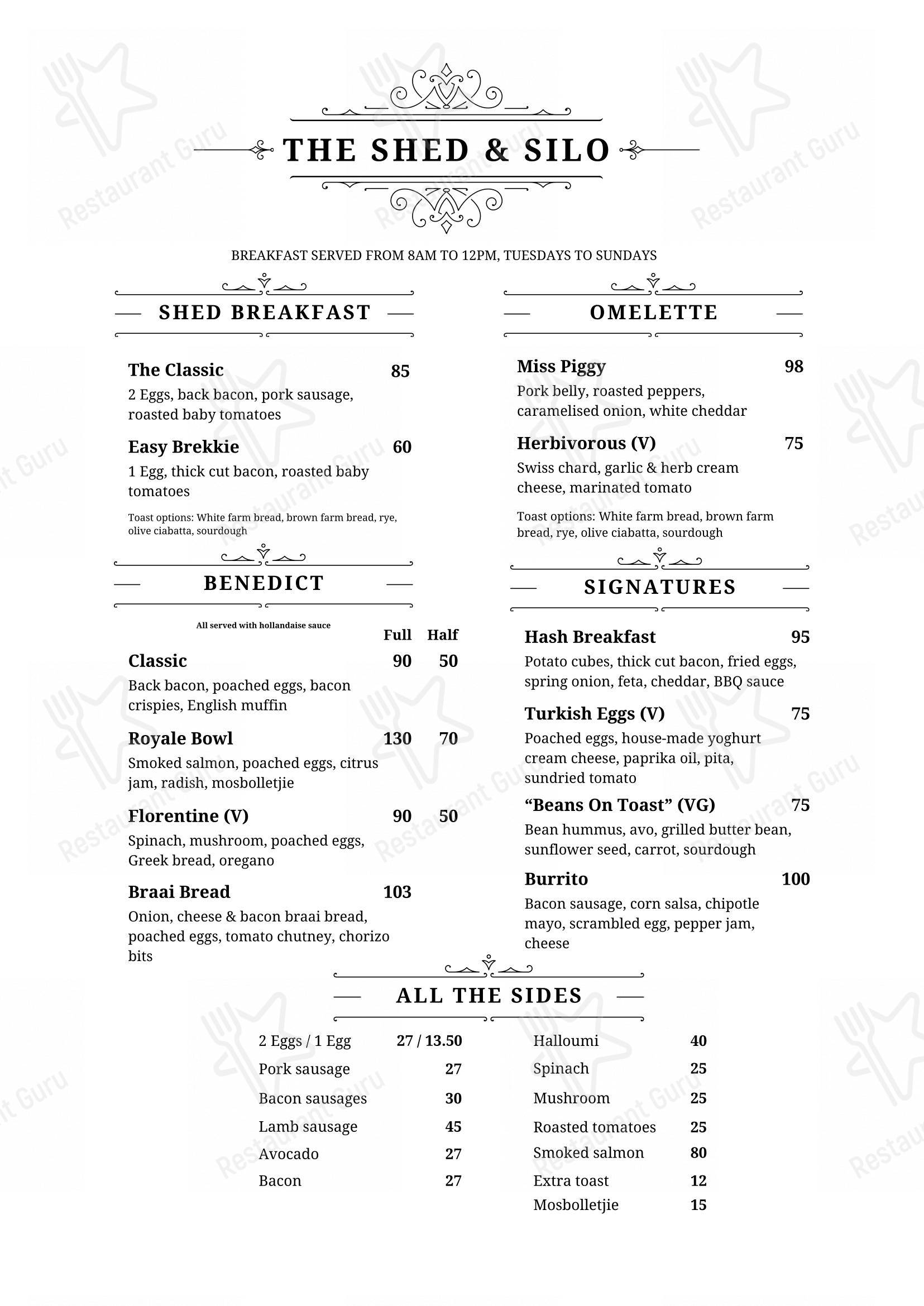 Menu at The Shed & Silo cafe, Benoni