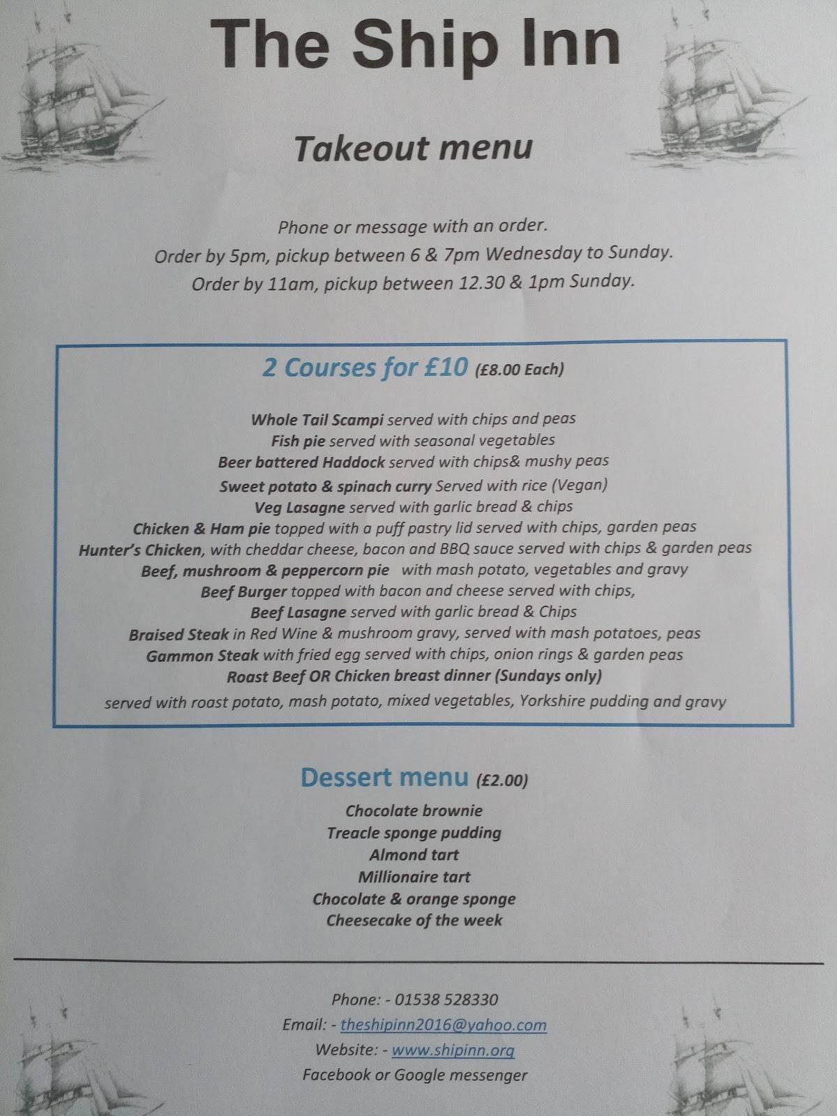 Menu at The Ship Inn pub & bar, Tean, Cheadle Rd