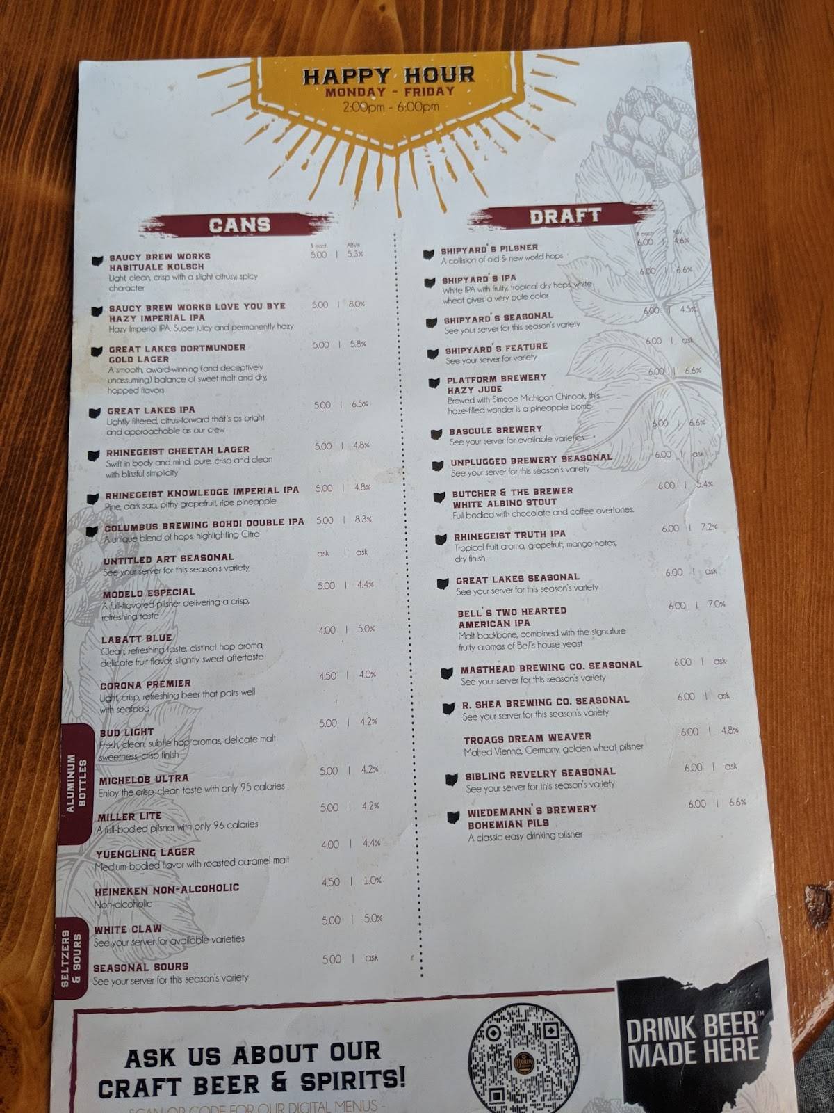 Menu at The Shipyards restaurant, Lorain
