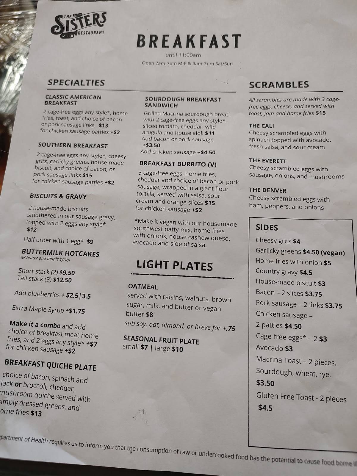 Menu at The Sisters Restaurant, Everett