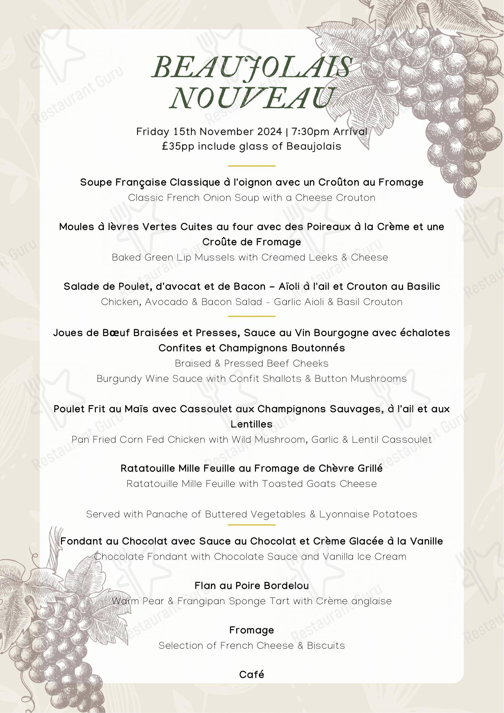 Menu at The Sitwell Arms Hotel restaurant, Sheffield
