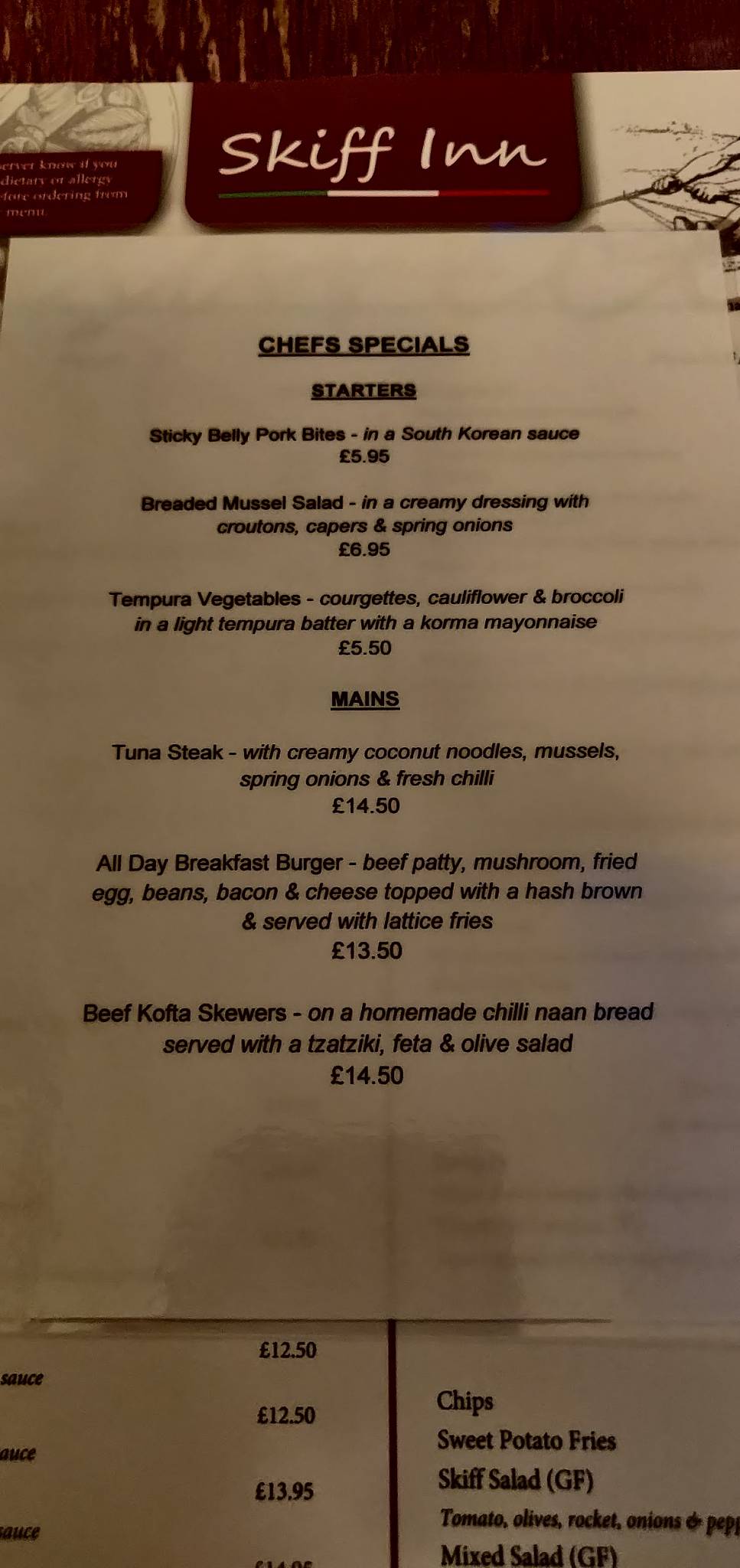 Menu at The Skiff Inn pub & bar, Newcastle upon Tyne