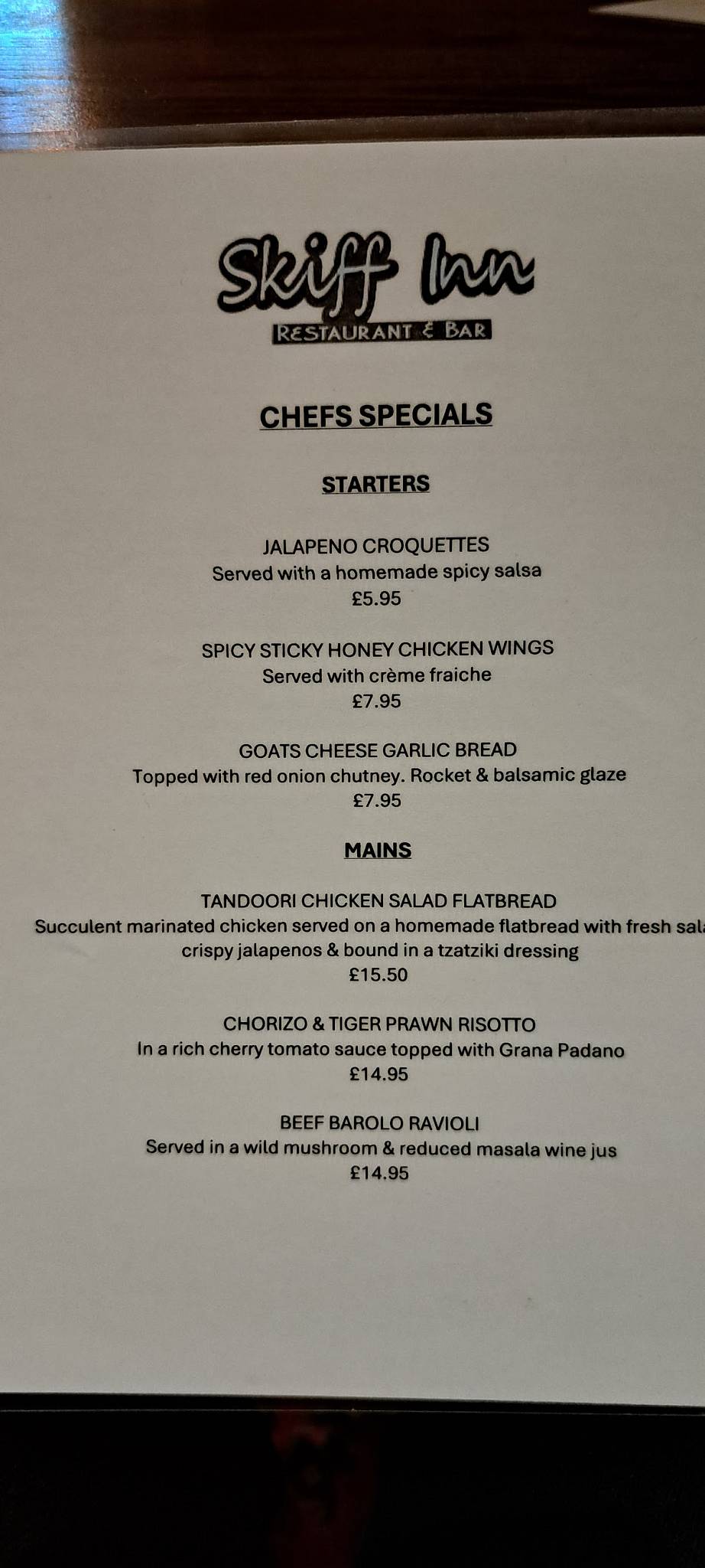 Menu at The Skiff Inn pub & bar, Newcastle upon Tyne