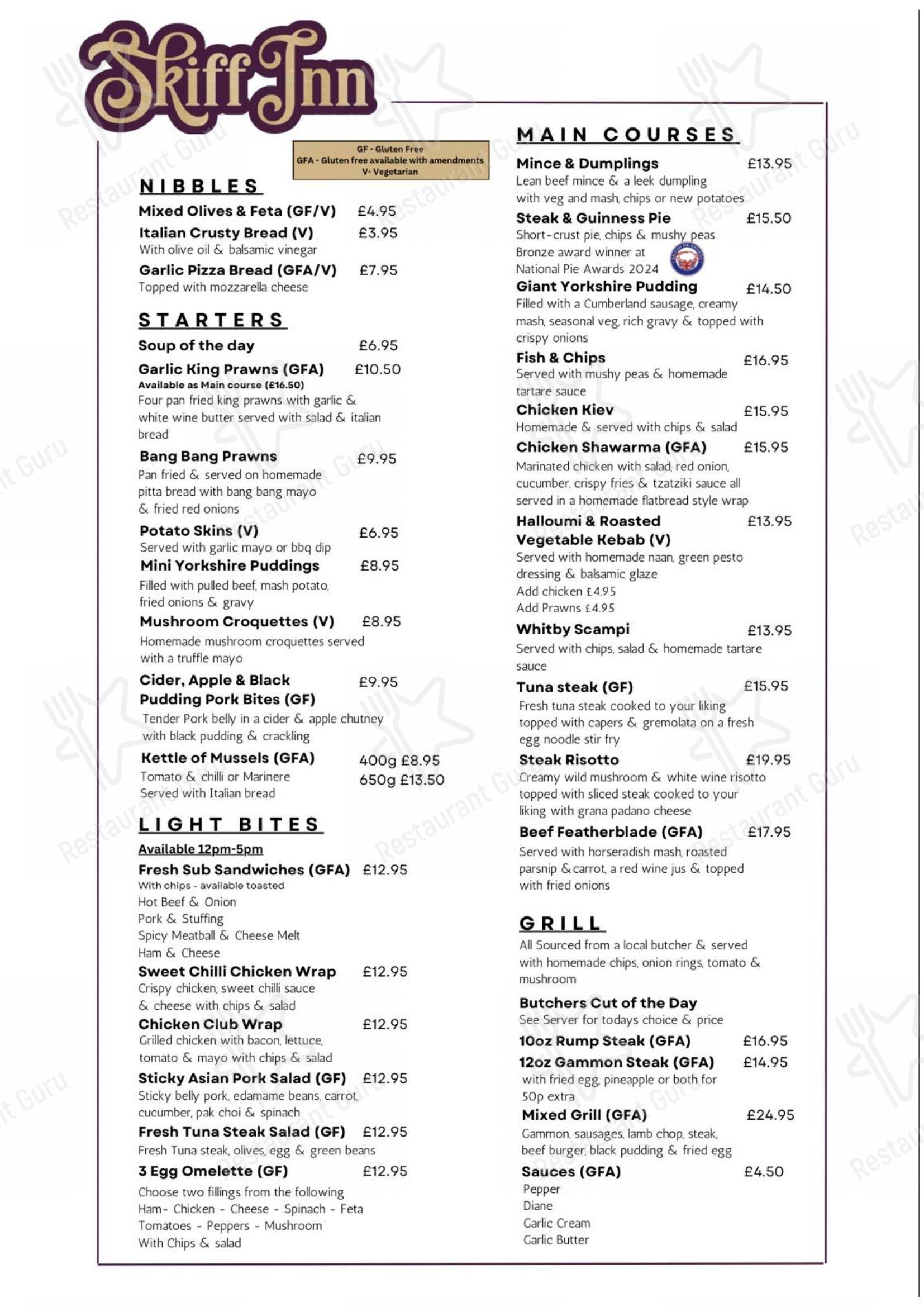 Menu at The Skiff Inn pub & bar, Newcastle upon Tyne