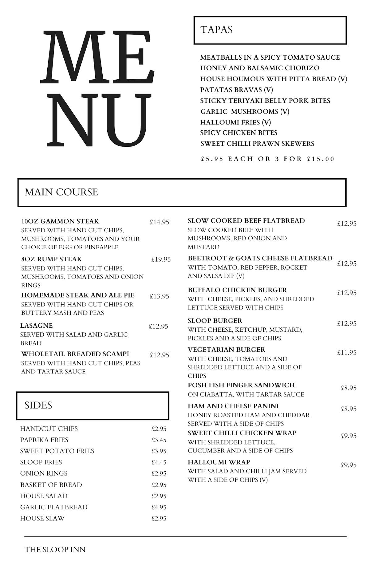 Menu at The Sloop Inn pub & bar, Hirst Courtney, The Sloop Inn