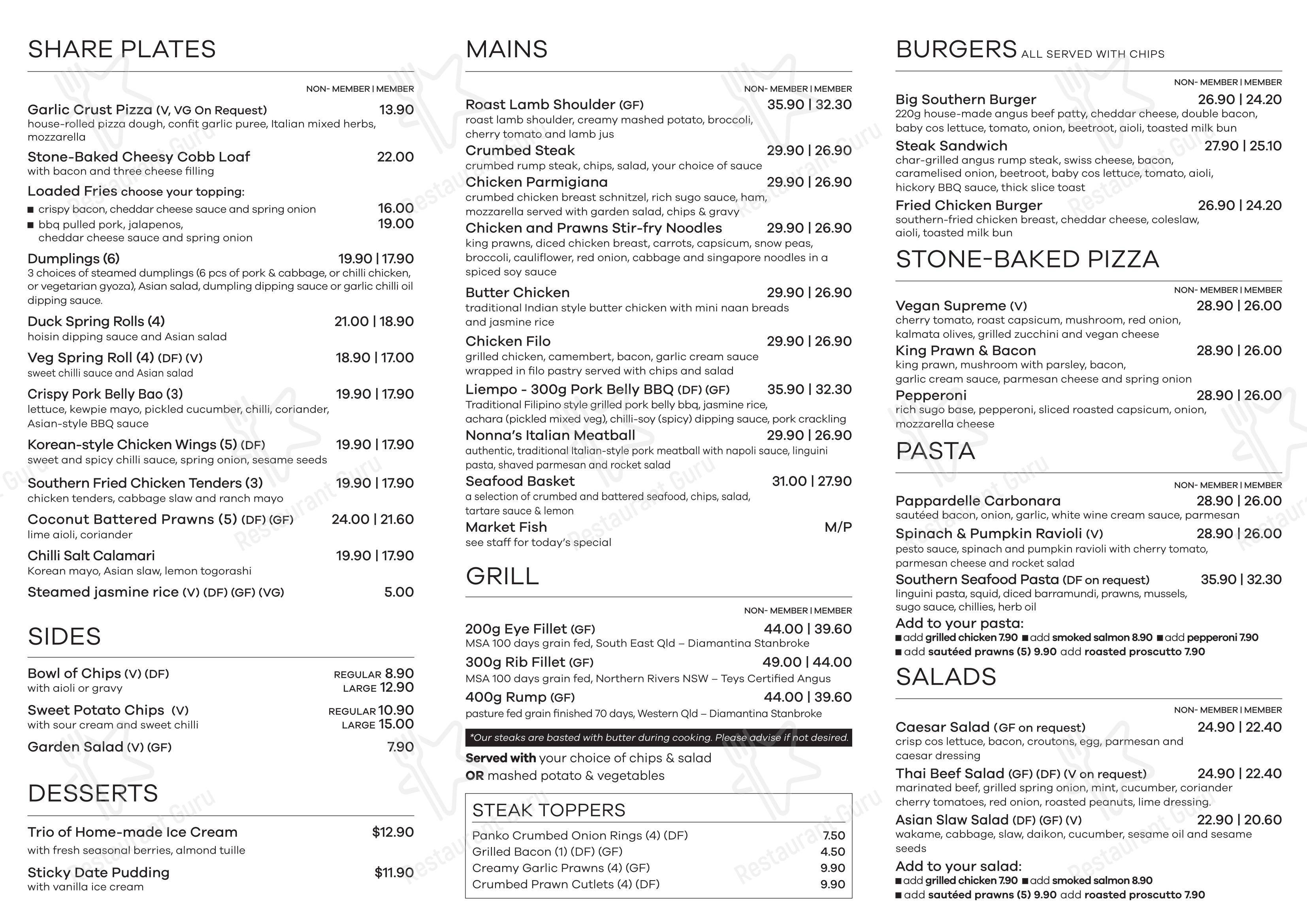 Menu at The Southern Hotel Toowoomba restaurant, Kearneys Spring, 839 ...