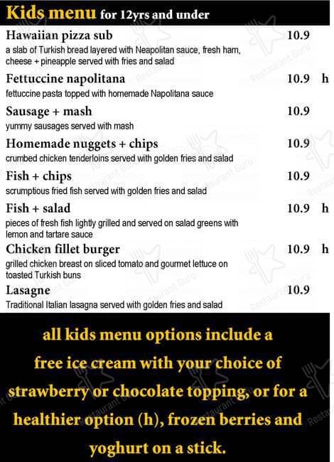 Menu at The Sovereign Arms restaurant, Joondalup