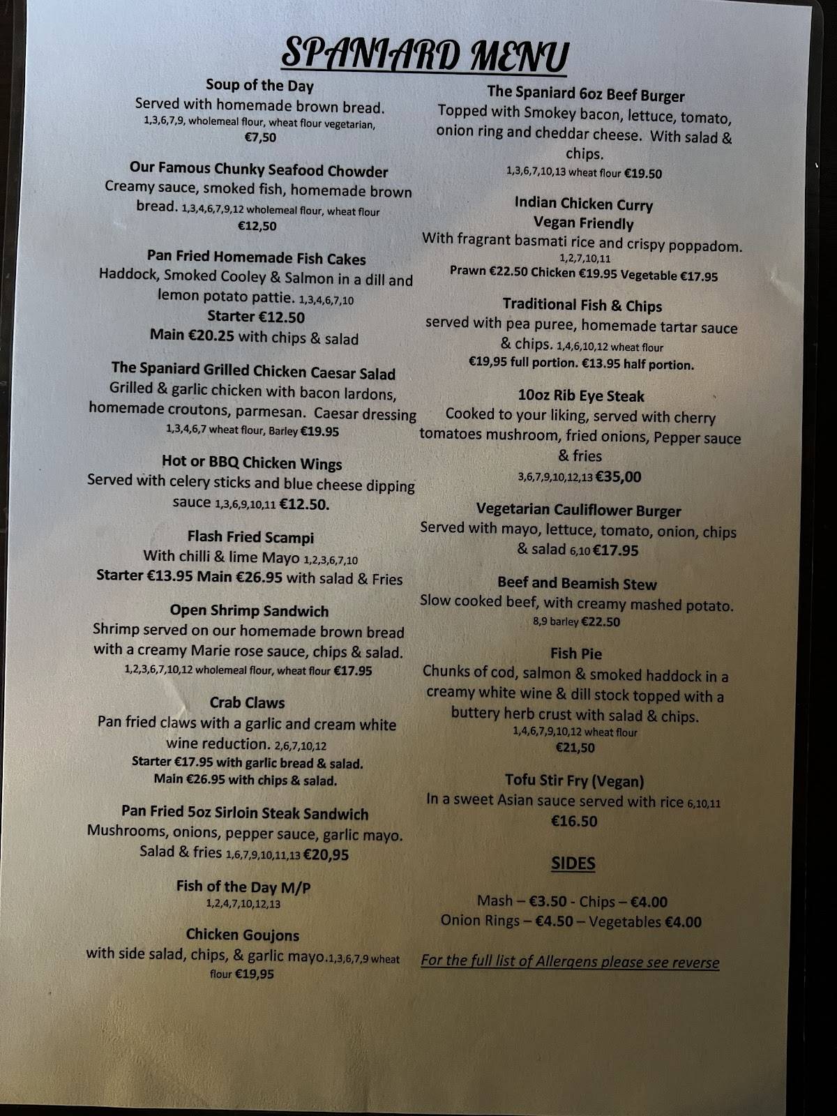 Menu at The Spaniard Inn pub & bar, Kinsale