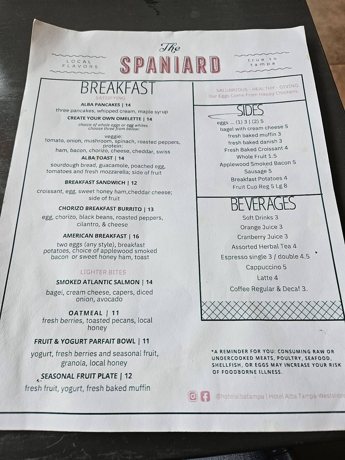 Menu at The Spaniard restaurant, Tampa