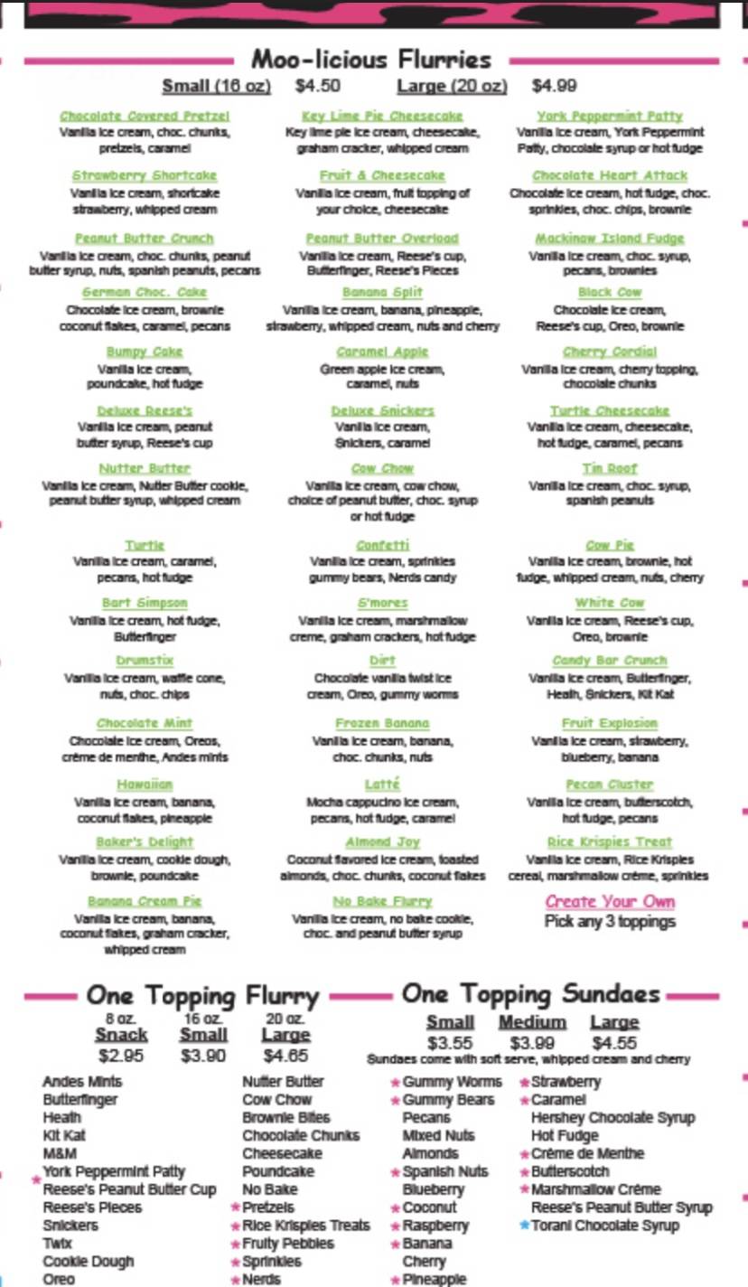 Menu at The Spotted Cow desserts, Adrian, US-223