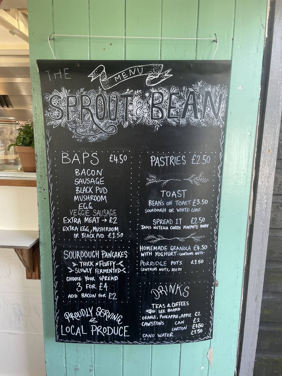 Menu at The Sprout & Bean cafe, Swanage