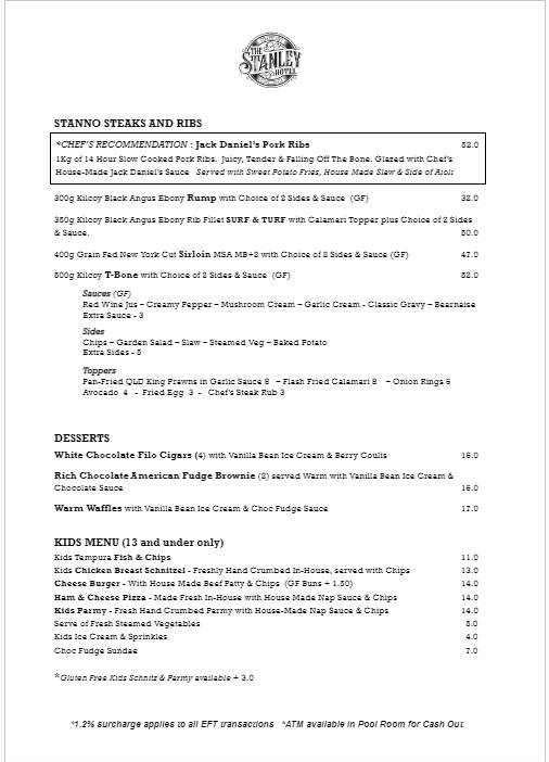 Menu at The Stanley Hotel Kilcoy pub & bar, Kilcoy