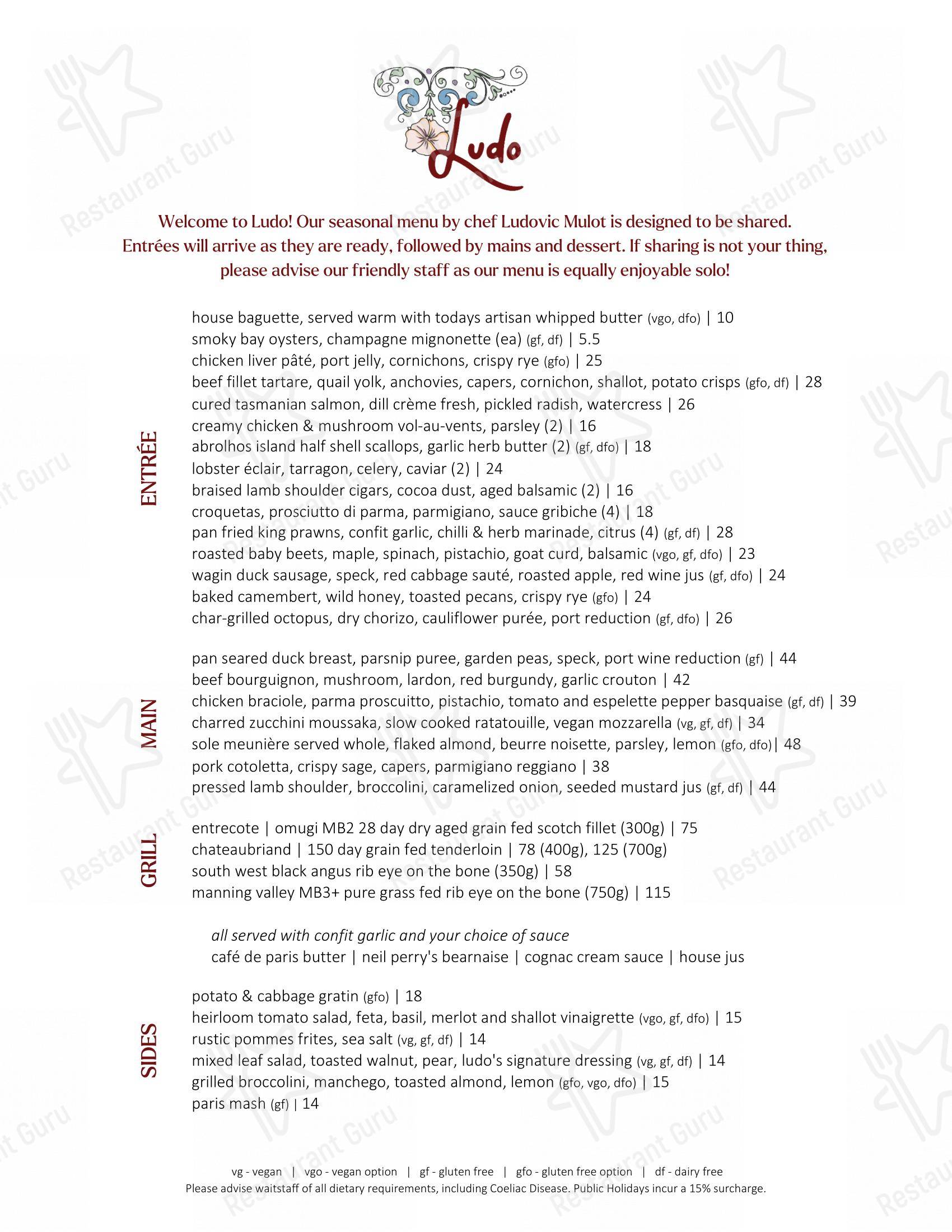 Menu at Ludo restaurant, South Perth