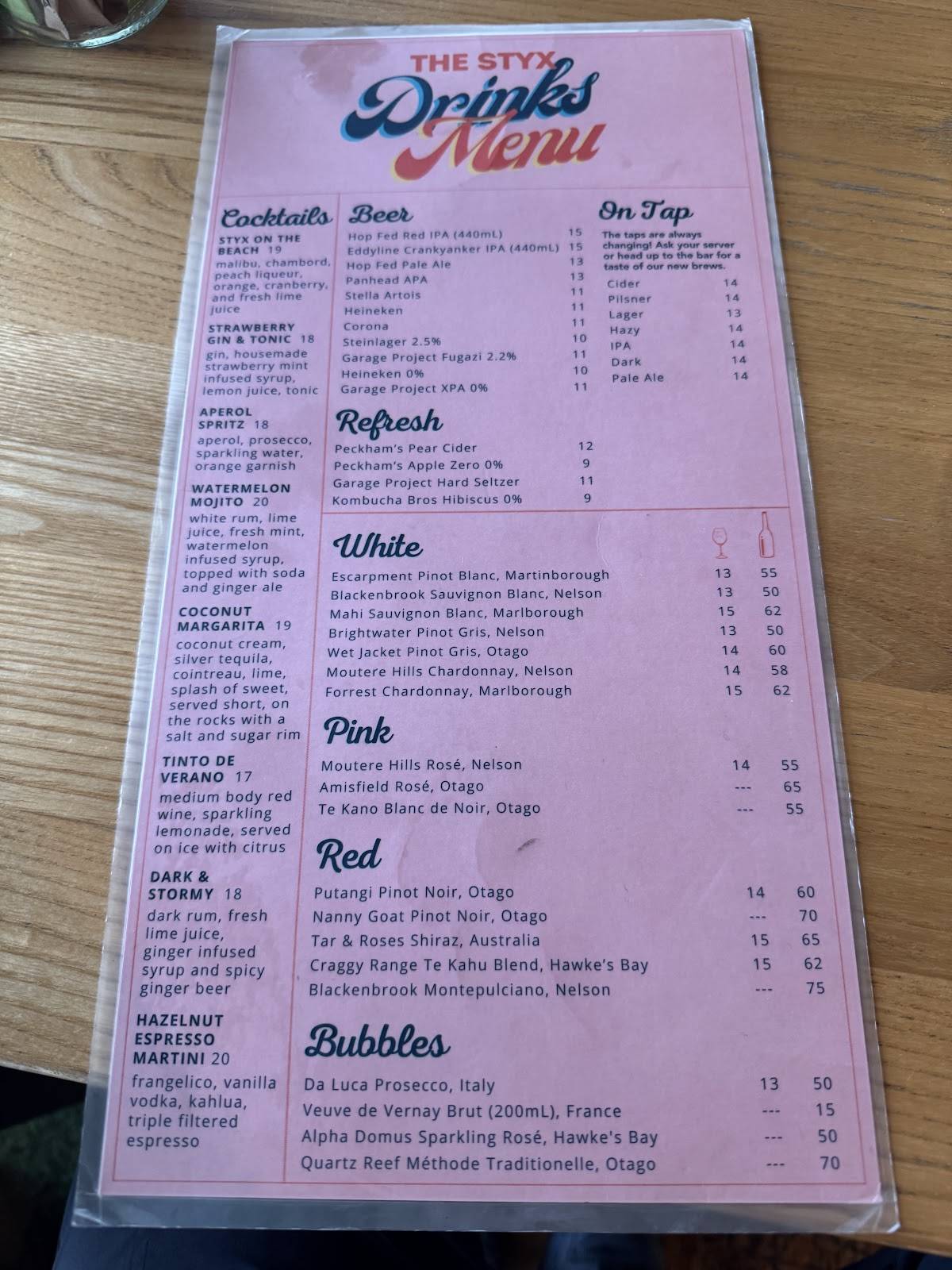 Menu at The Styx restaurant, Nelson