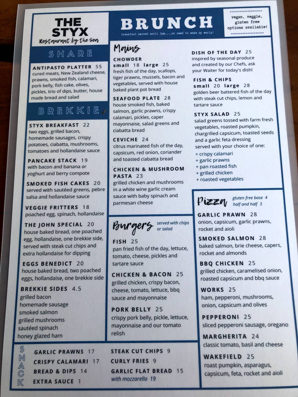 Menu at The Styx restaurant, Nelson