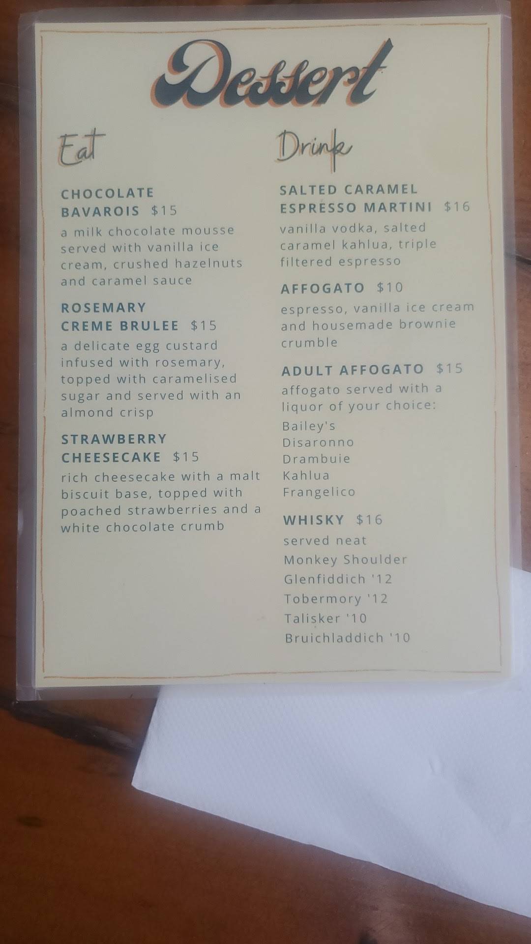Menu at The Styx restaurant, Nelson