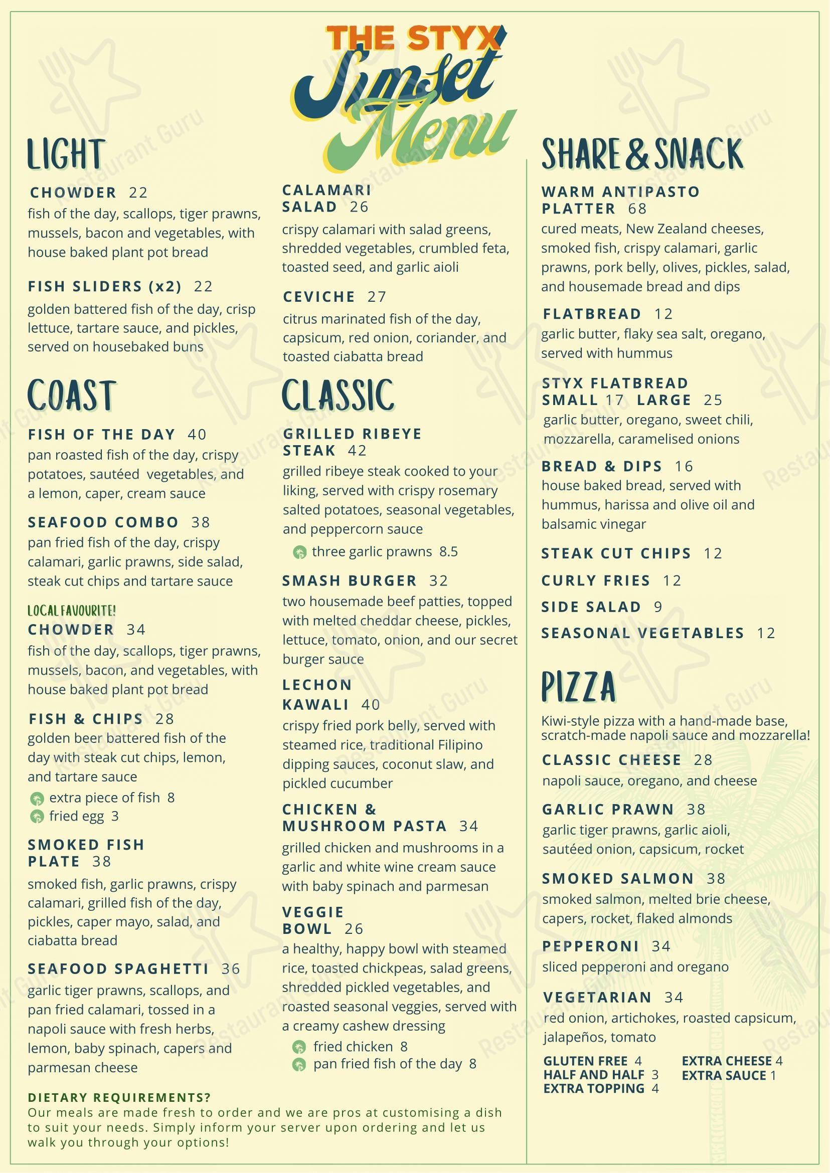 Menu at The Styx restaurant, Nelson