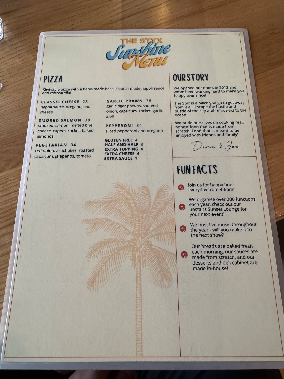 Menu at The Styx restaurant, Nelson