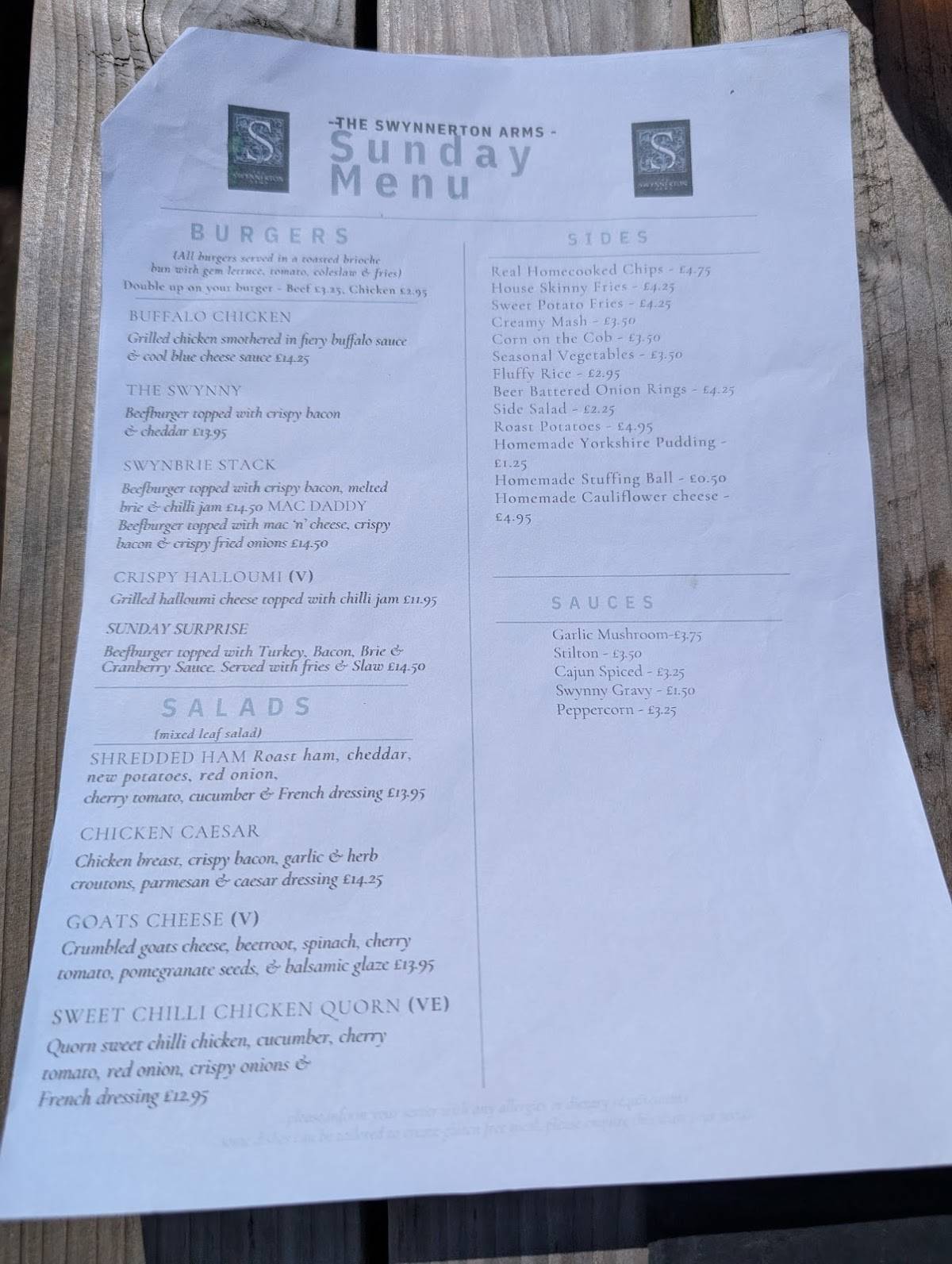 Menu at The Swynnerton Arms pub & bar, Stoke-on-Trent