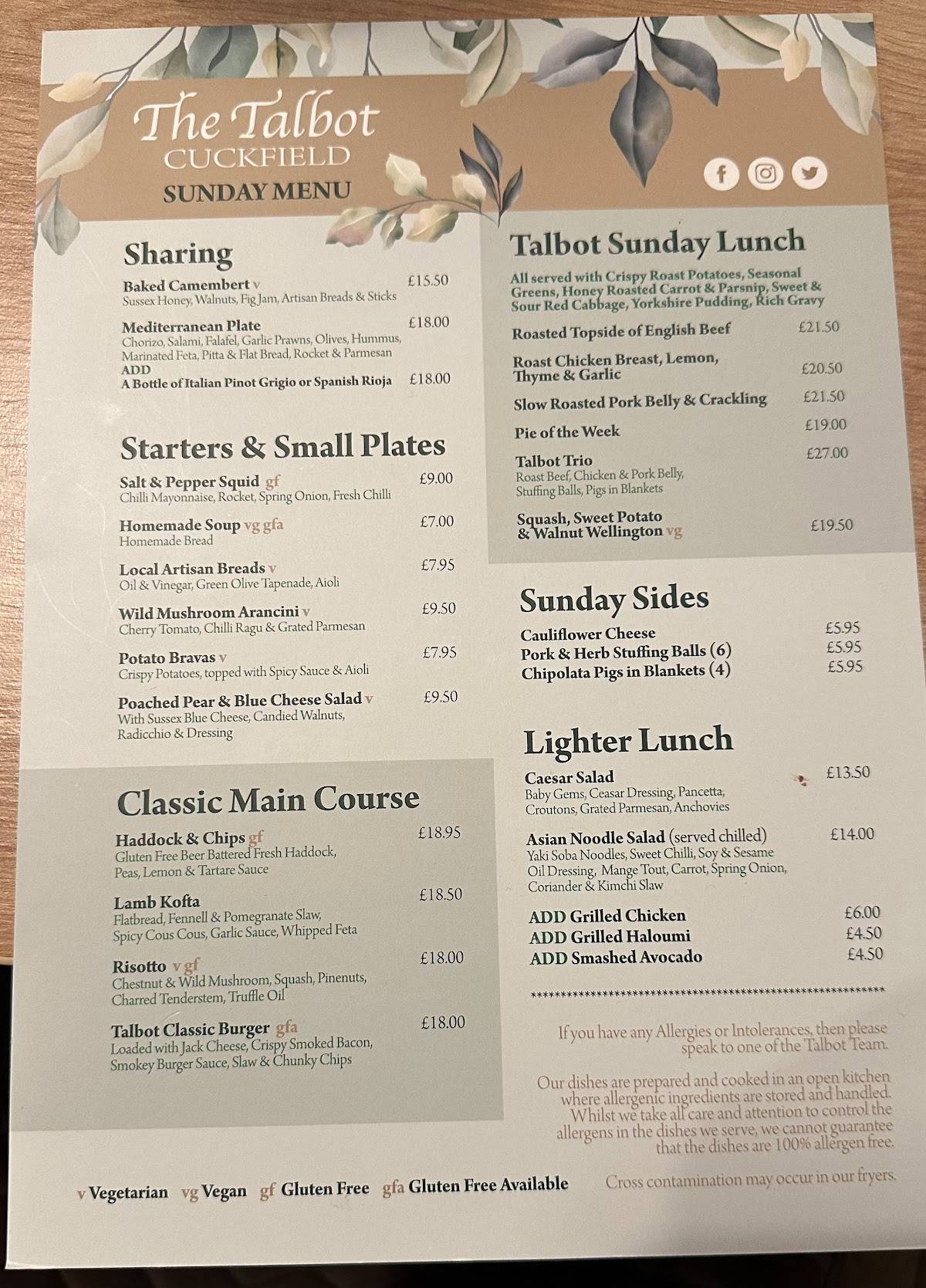 Menu at The Talbot pub & bar, Haywards Heath