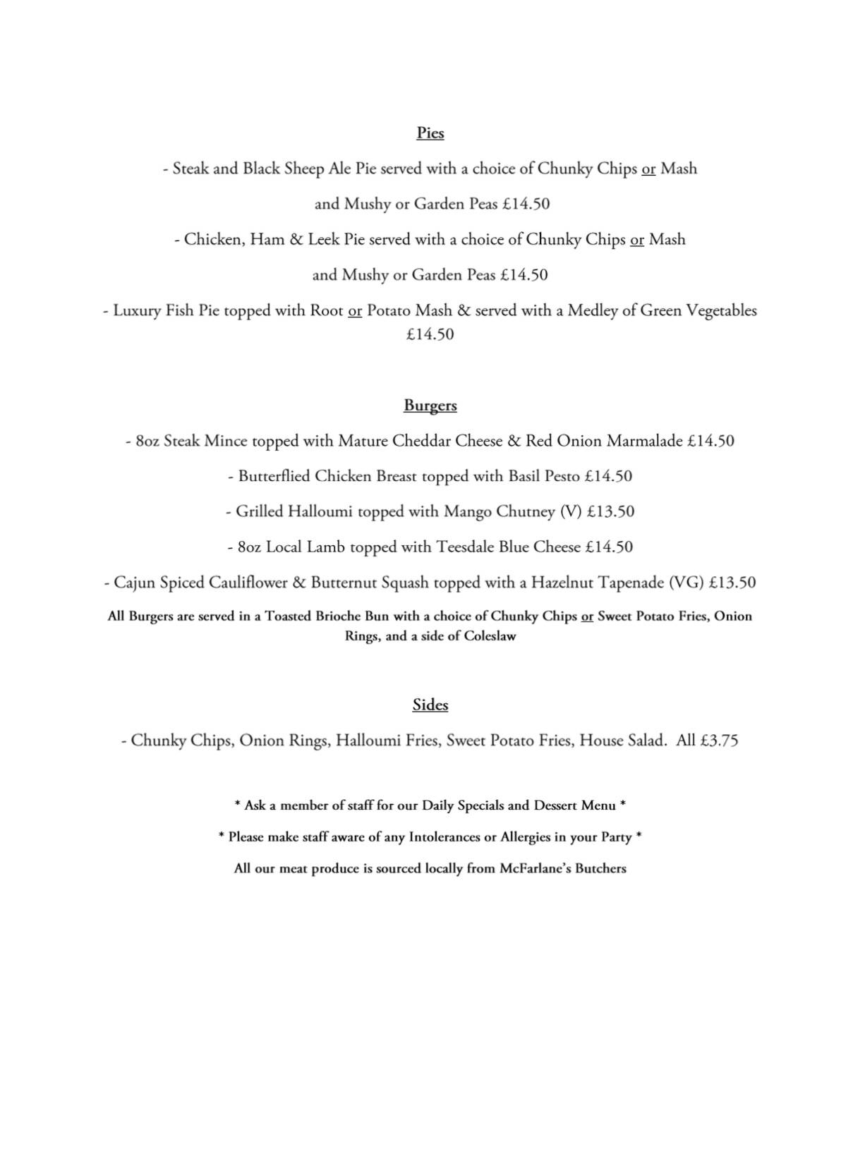 Menu at The Teesdale Hotel pub & bar, Middleton-in-Teesdale