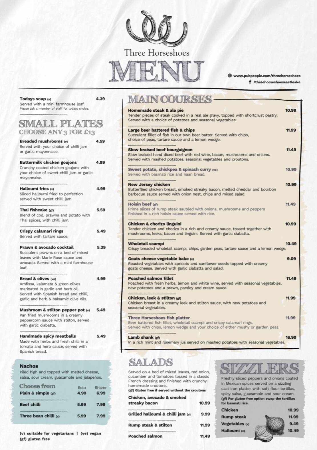 Carta del pub y bar The Three Horseshoes, Loughborough, 1 Brookside