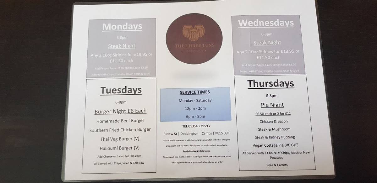 Menu at The Three Tuns pub & bar, March