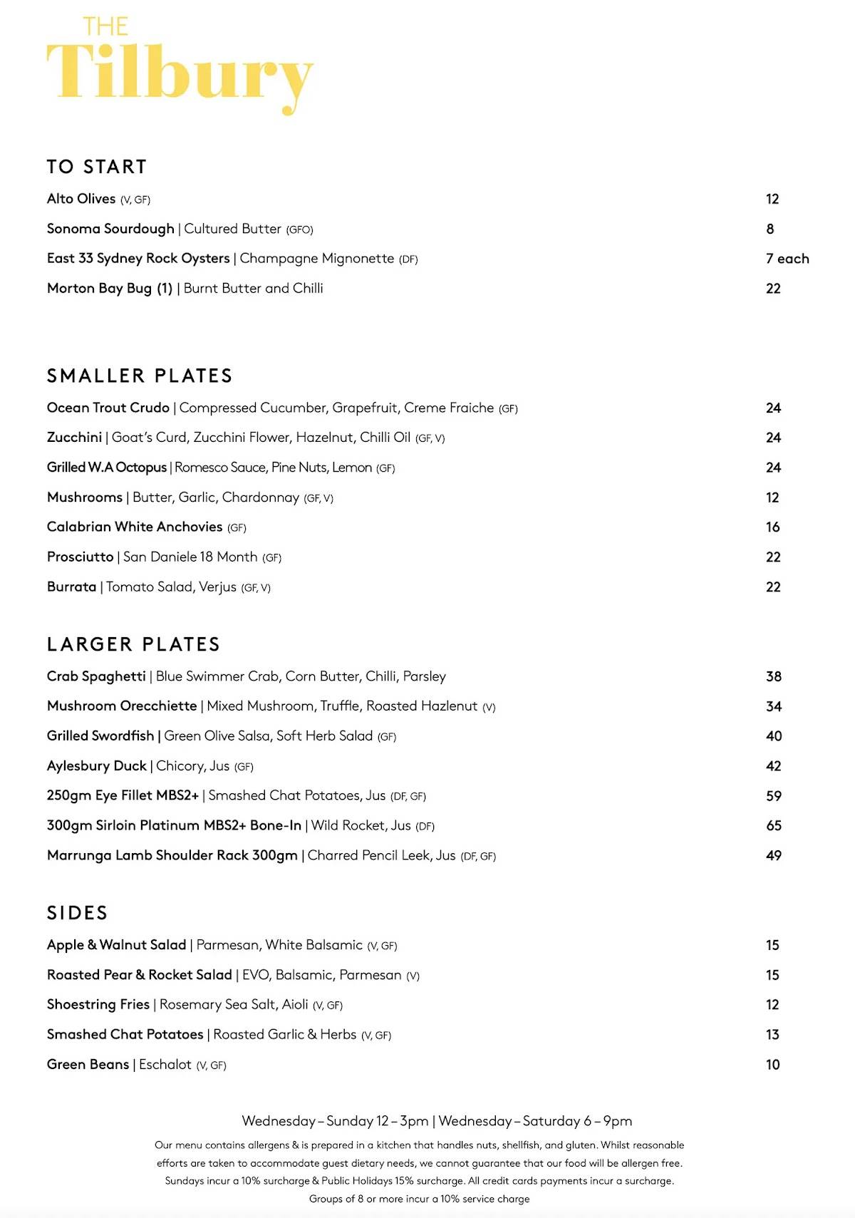 Menu at The Tilbury Hotel restaurant, Woolloomooloo, 12/18 Nicholson St
