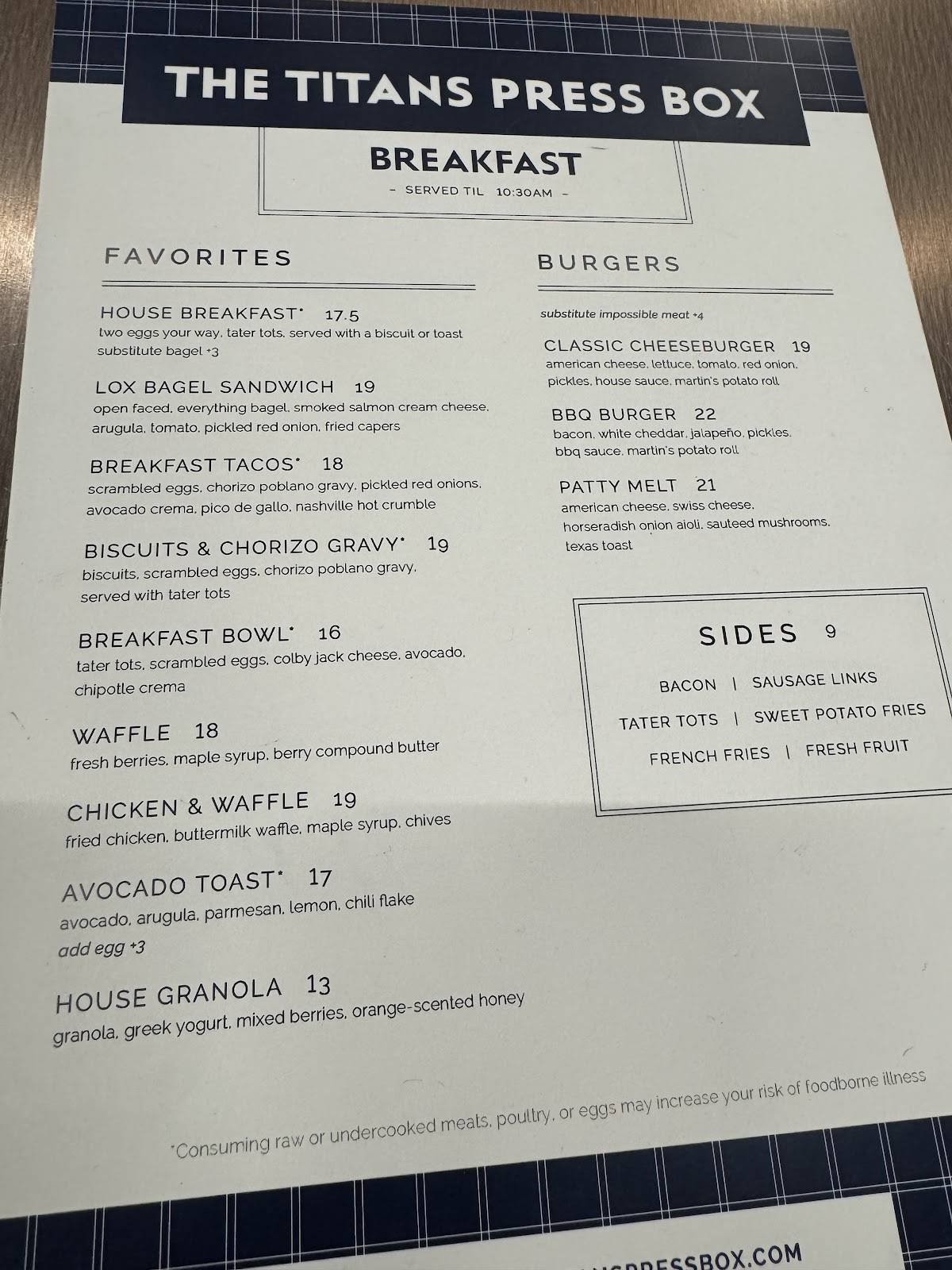 Menu at The Titans Press Box restaurant, Nashville