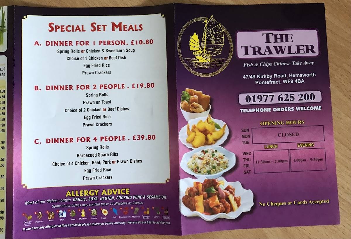 Menu at The Trawler restaurant, South Kirkby