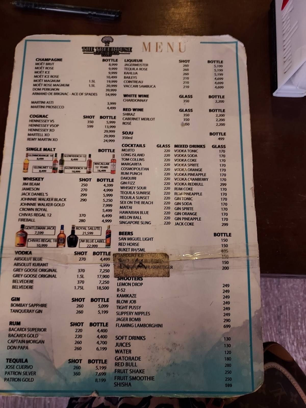 Menu at The Treehouse pub & bar, El Nido, Barangay Masagana