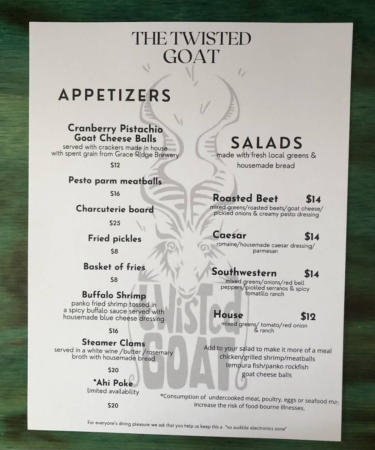 Menu at The Twisted Goat pizzeria, Homer