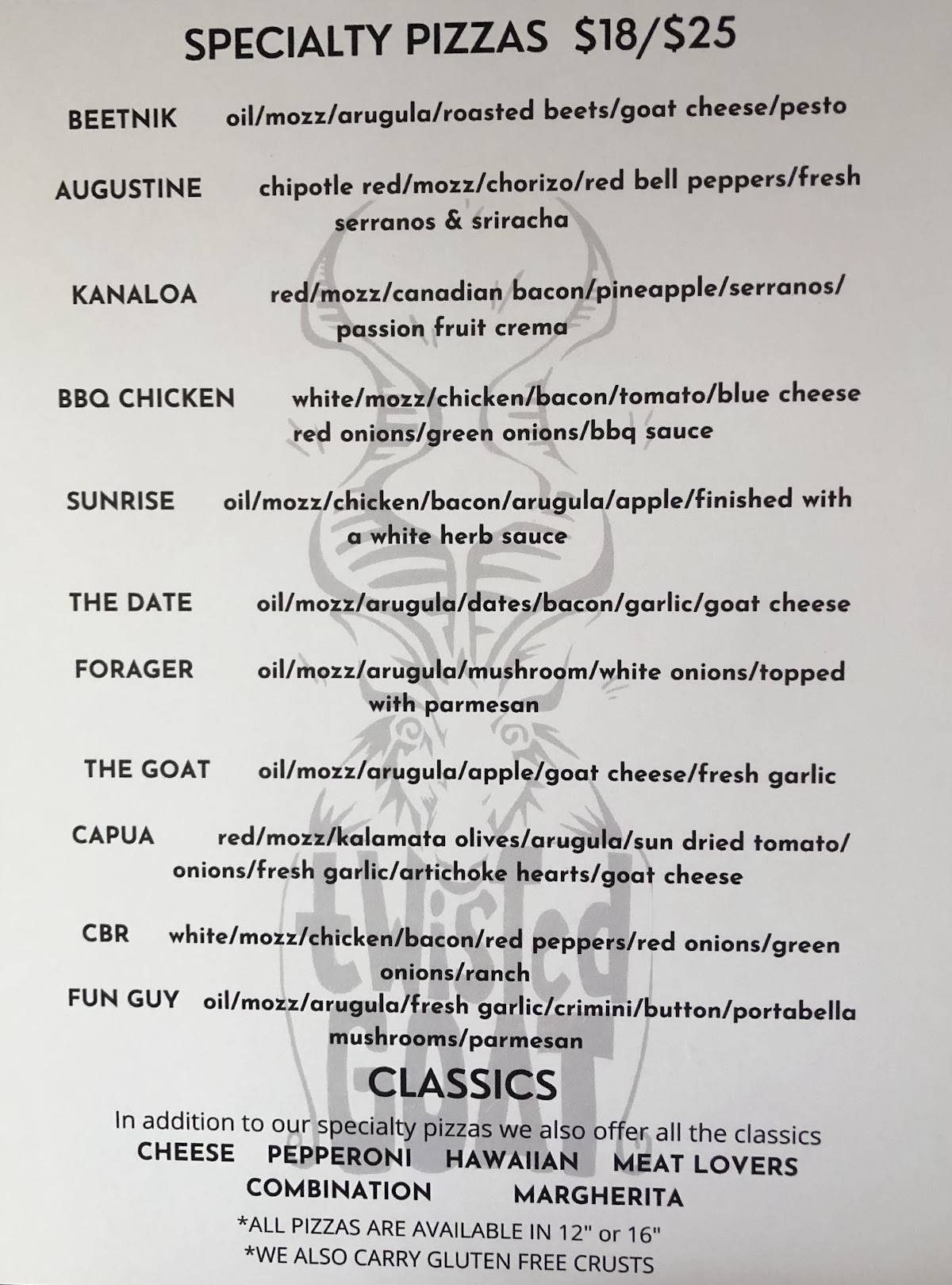 Menu at The Twisted Goat pizzeria, Homer