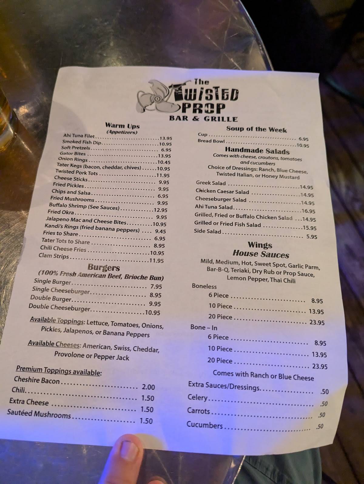Menu at The Twisted Prop Bar & Grille, Winter Haven
