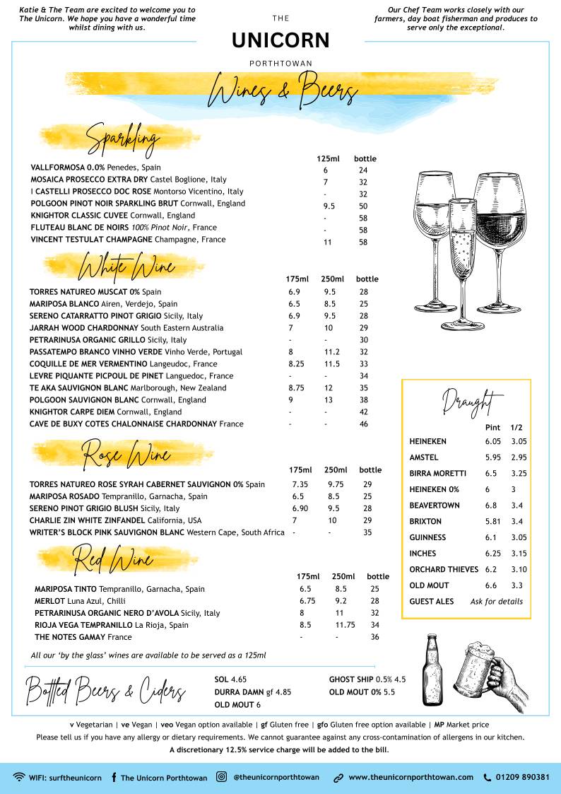 Menu at The Unicorn Porthtowan pub & bar, Porthtowan