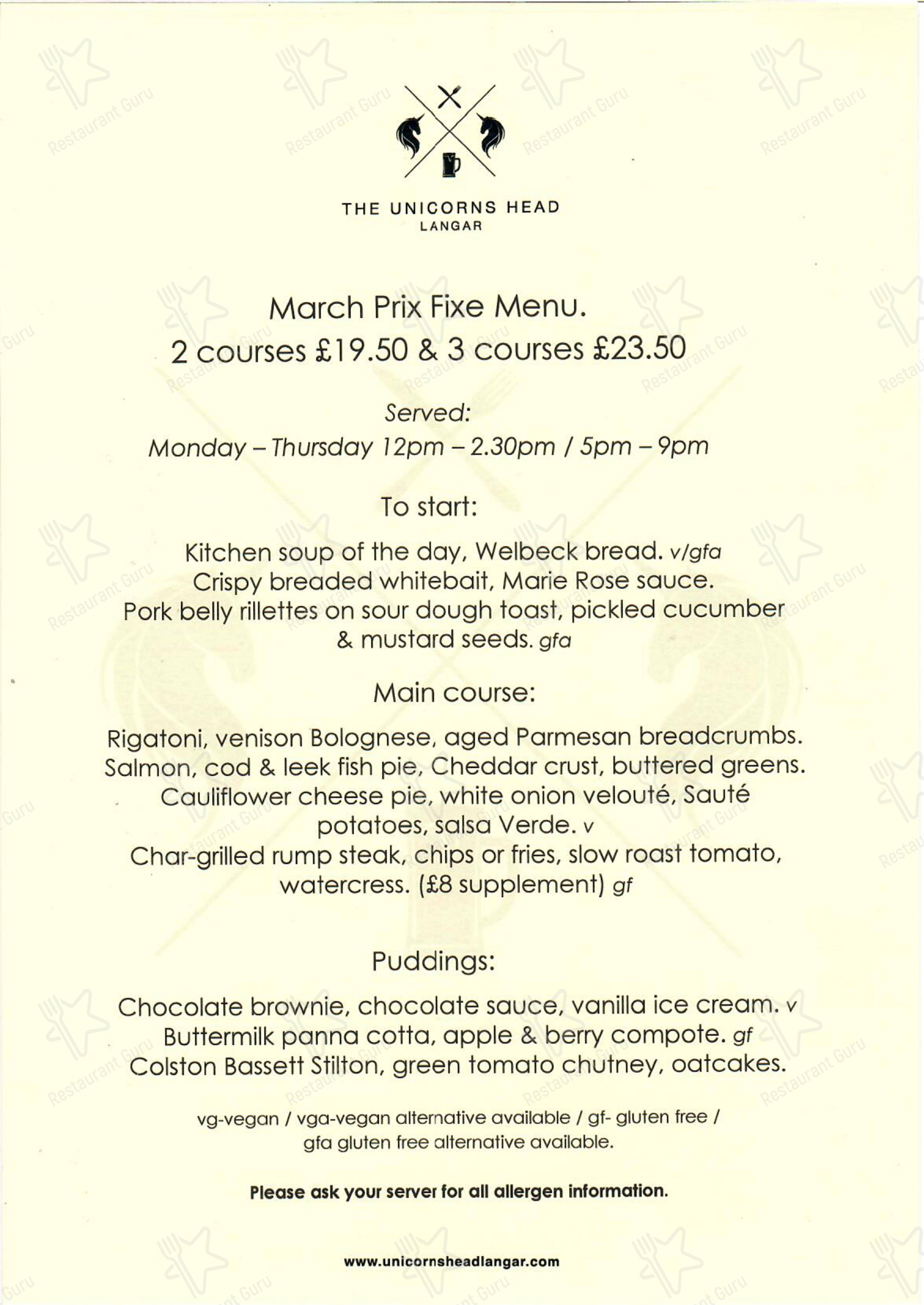 Menu at The Unicorns Head pub & bar, Langar