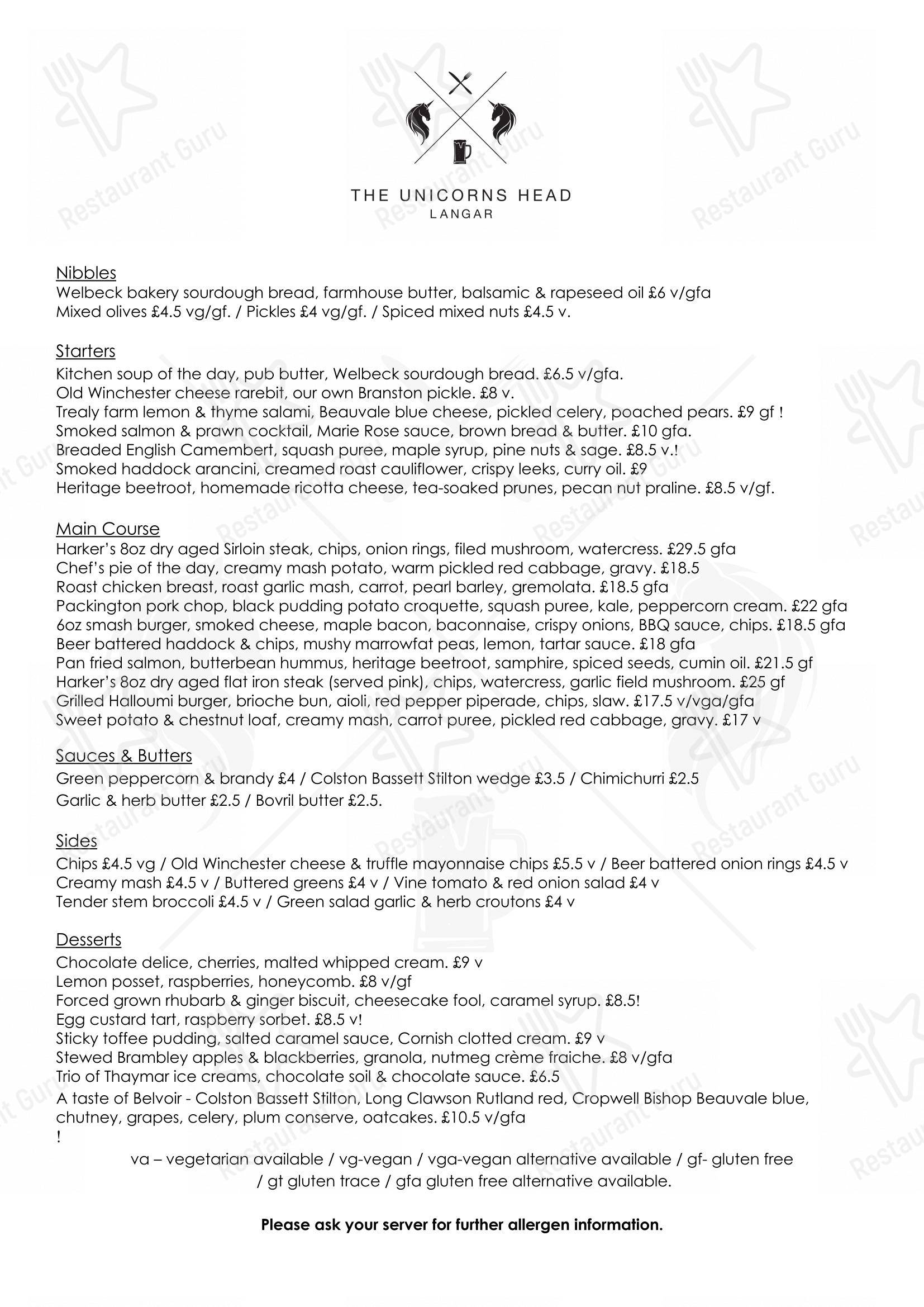 Menu at The Unicorns Head pub & bar, Langar