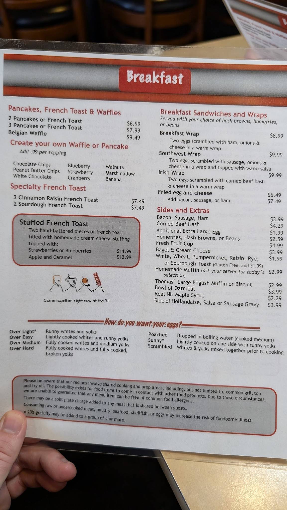 Menu at The Union Diner restaurant, Laconia
