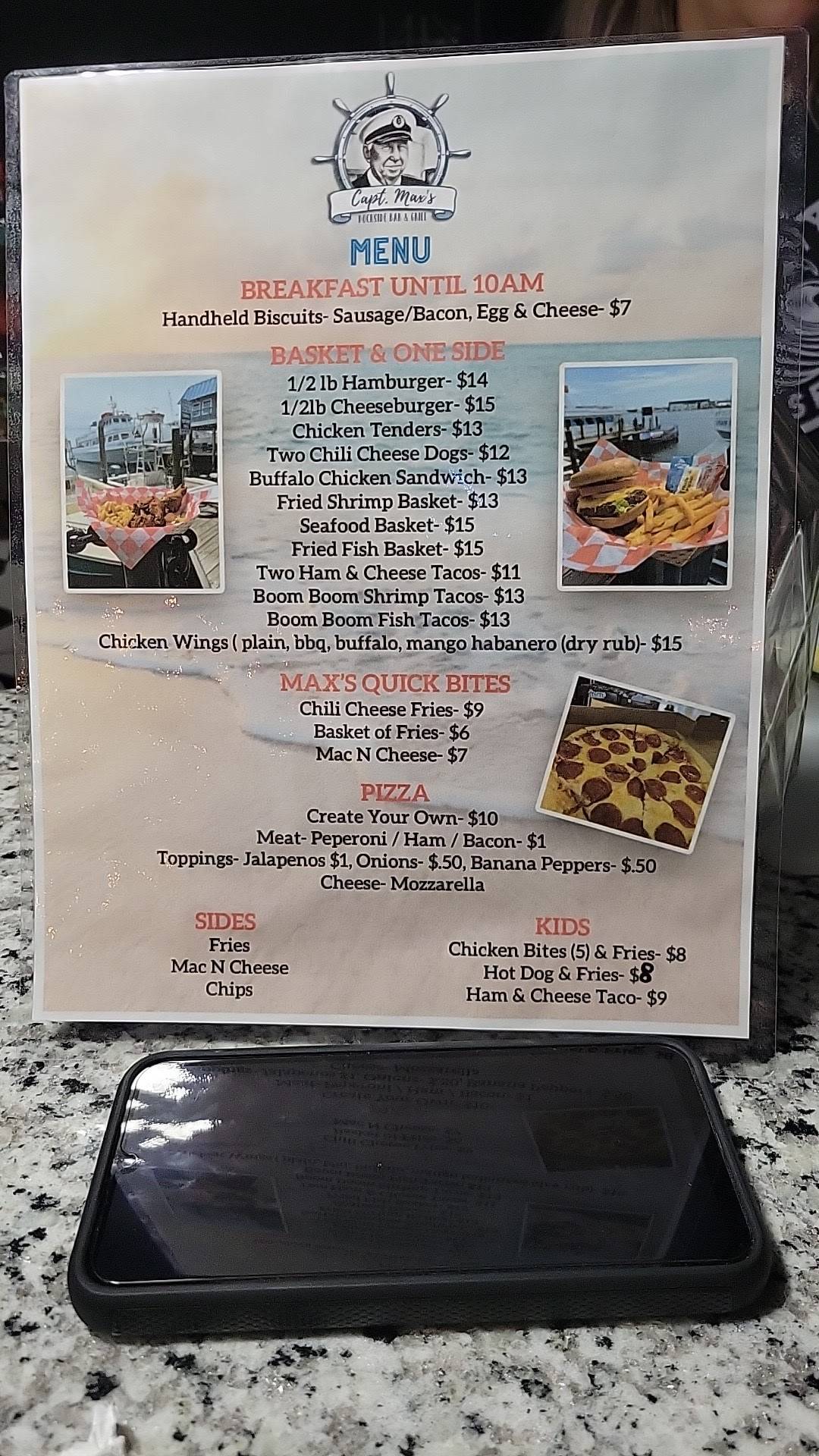 Menu at The Upper Deck at Capt. Max's restaurant, Panama City