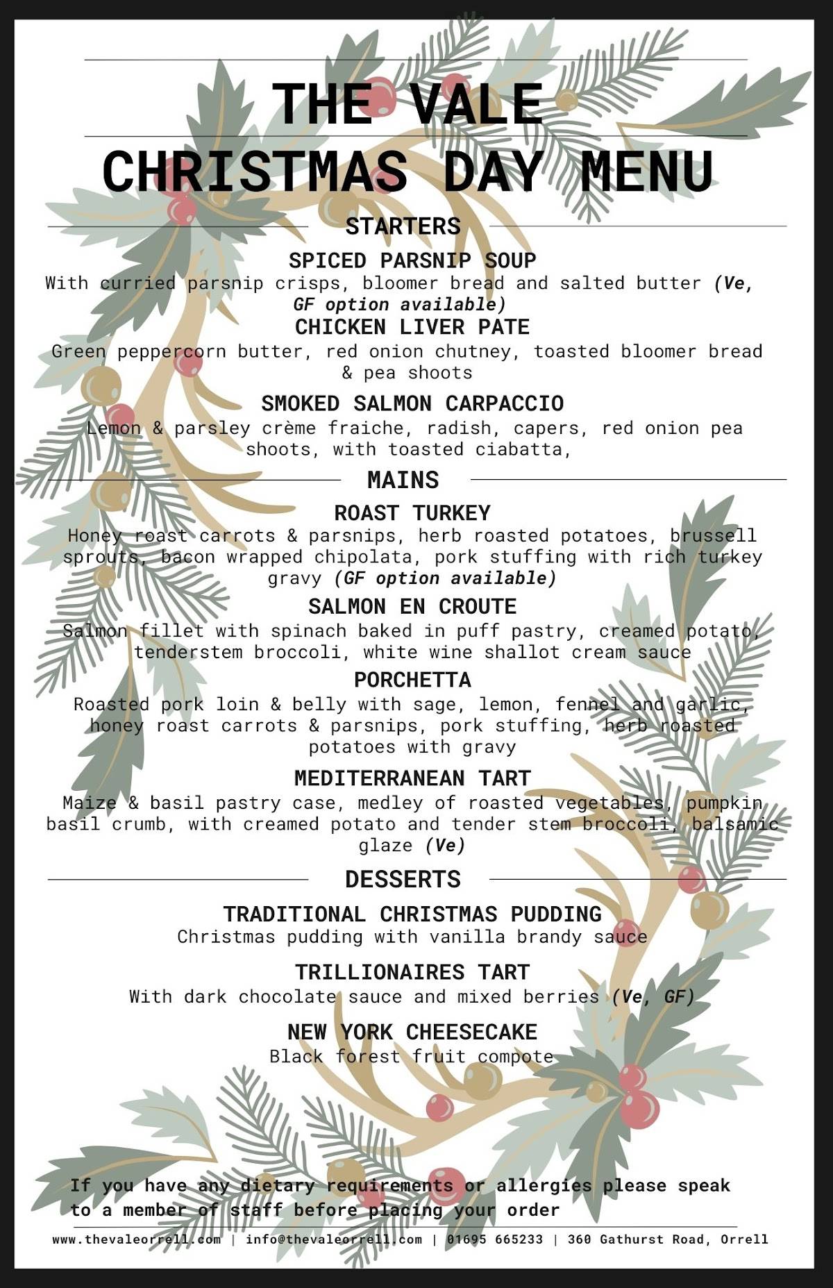 Menu at The Vale Orrell - Restaurant and Coffee House, Wigan