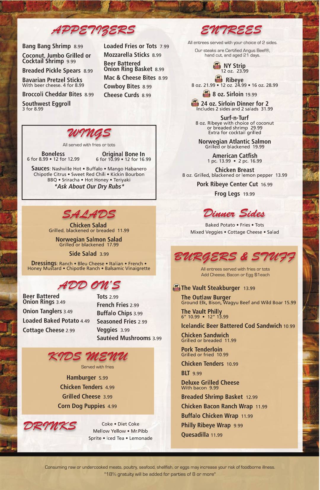 Menu at The Vault bar and grill, Linton