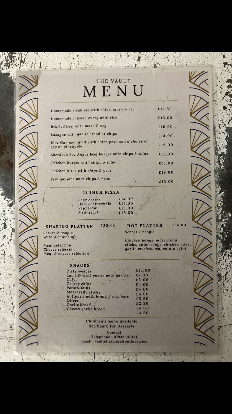 Menu at The Vault pub & bar, Ellesmere