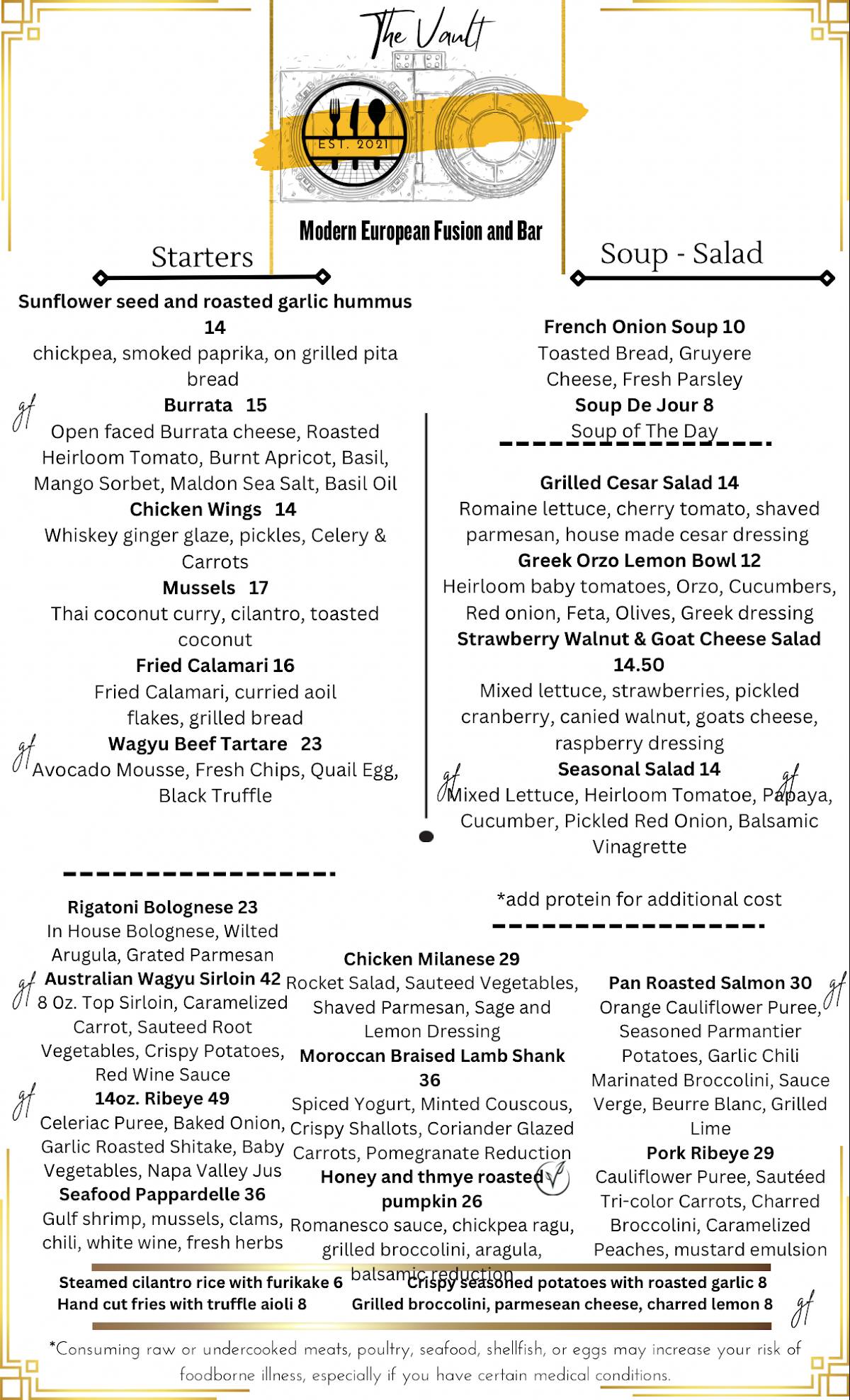Menu at The Vault of Sebring restaurant, Sebring