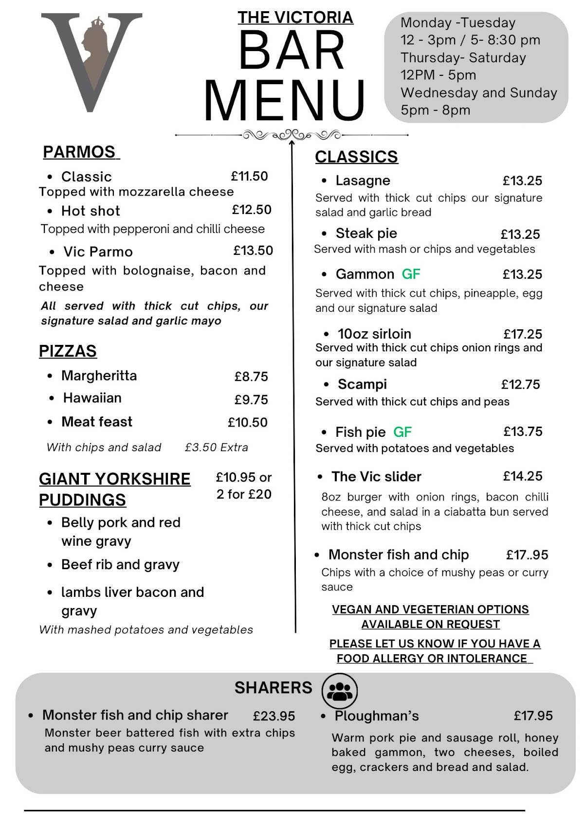 Menu at The Victoria Pub, Restaurant & Guest House, Hornsea, Hornsea