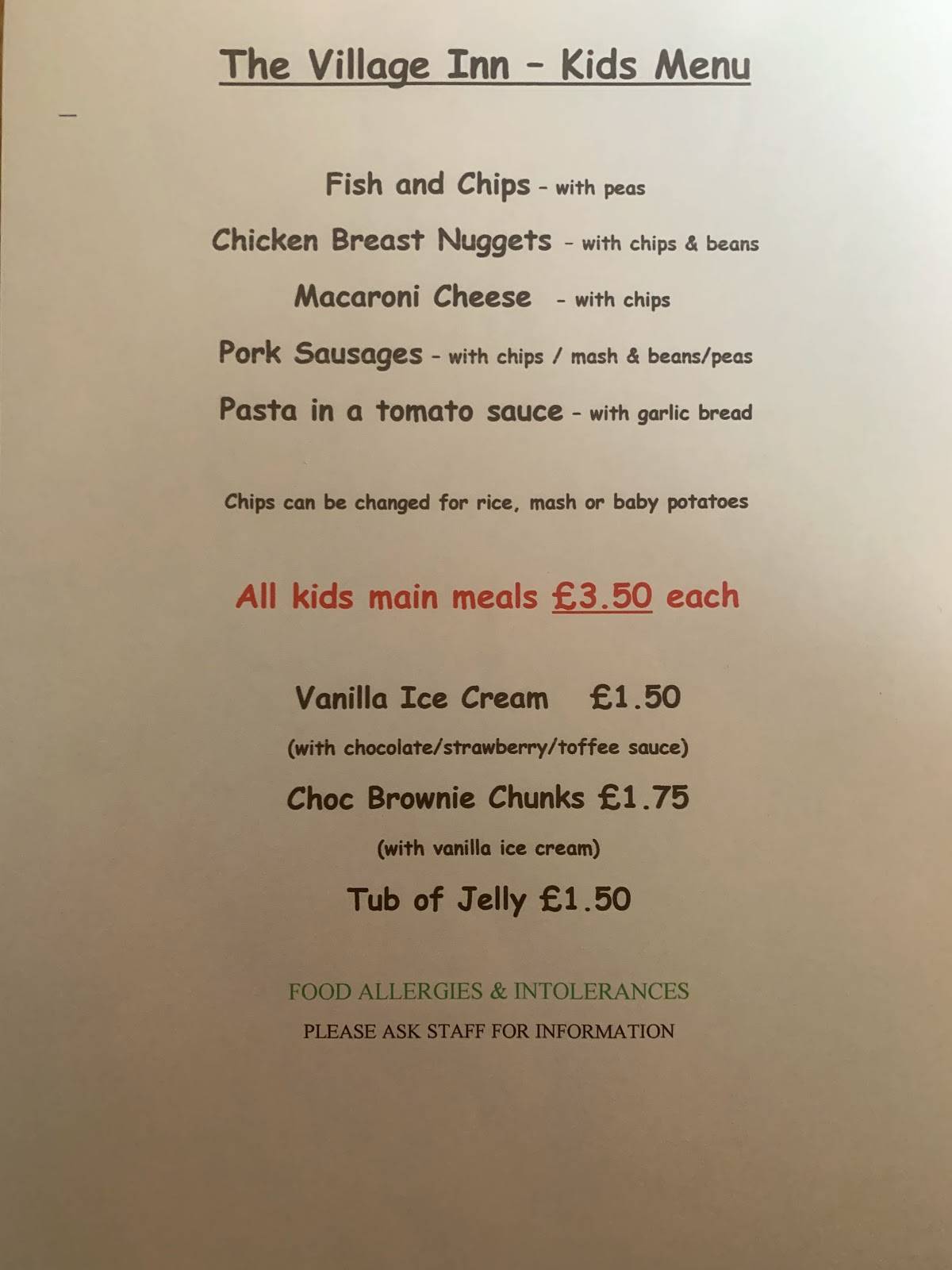 Menu at The Village Inn pub & bar, Largs