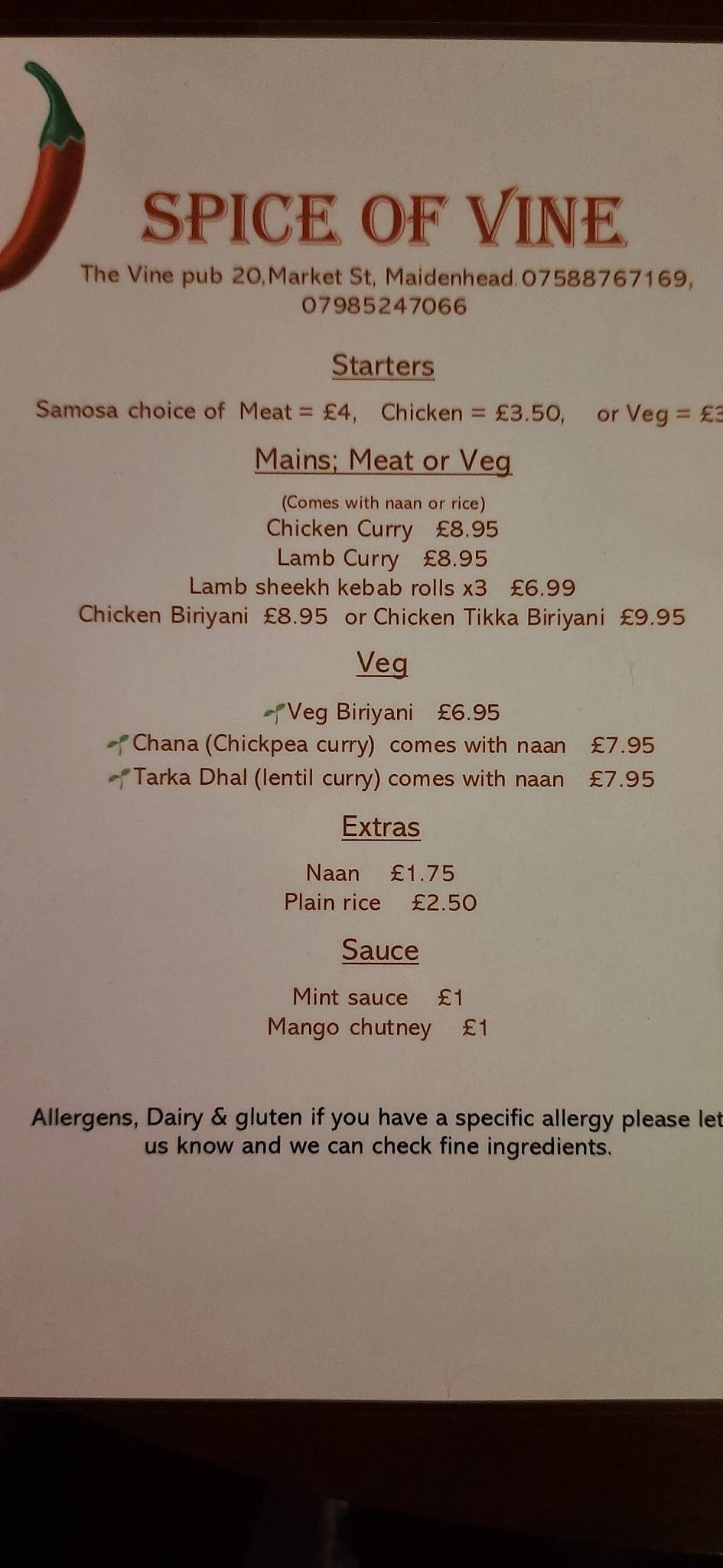 Menu at The Vine pub & bar, Maidenhead