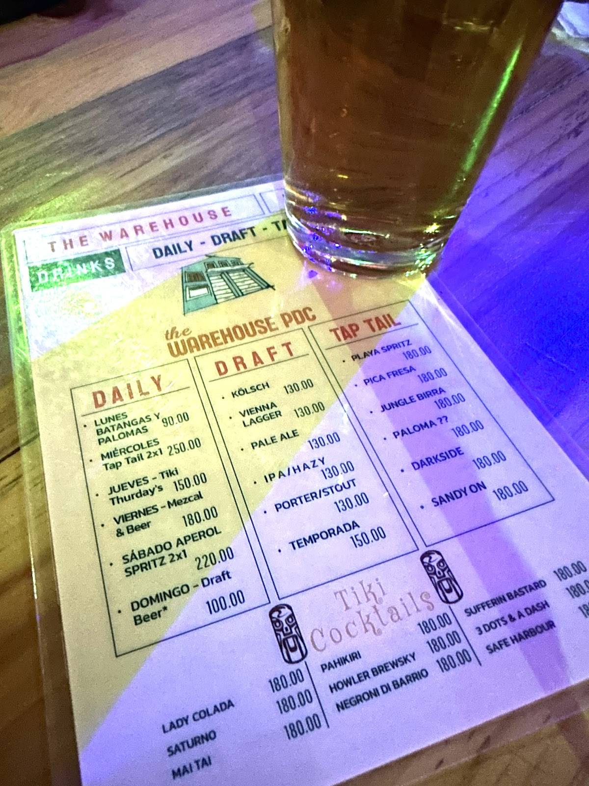 Carta del pub y bar The Warehouse PDC, Playa del Carmen
