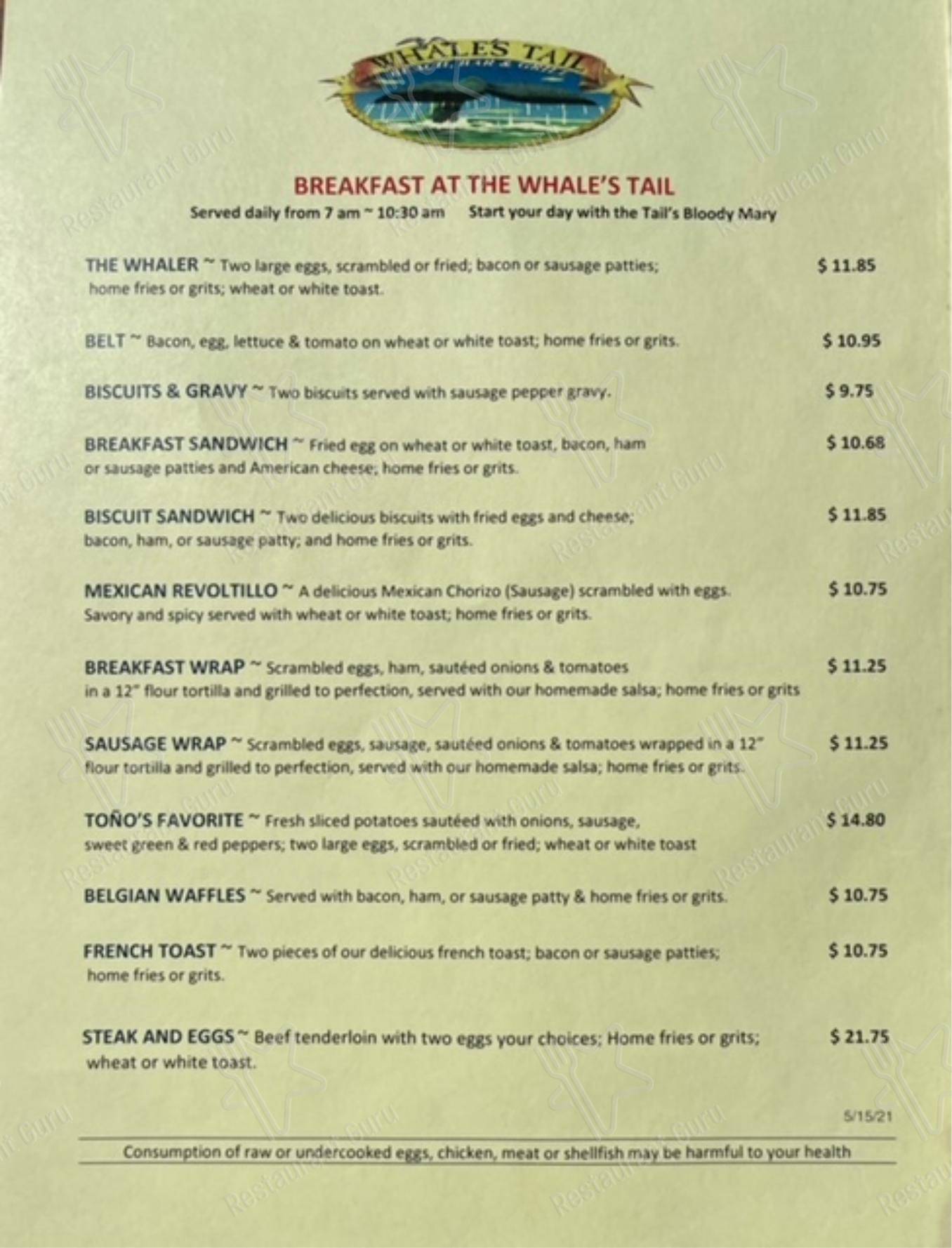 Menu at The Whale's Tail Beach Bar & Grill, Miramar Beach, Scenic Gulf Dr
