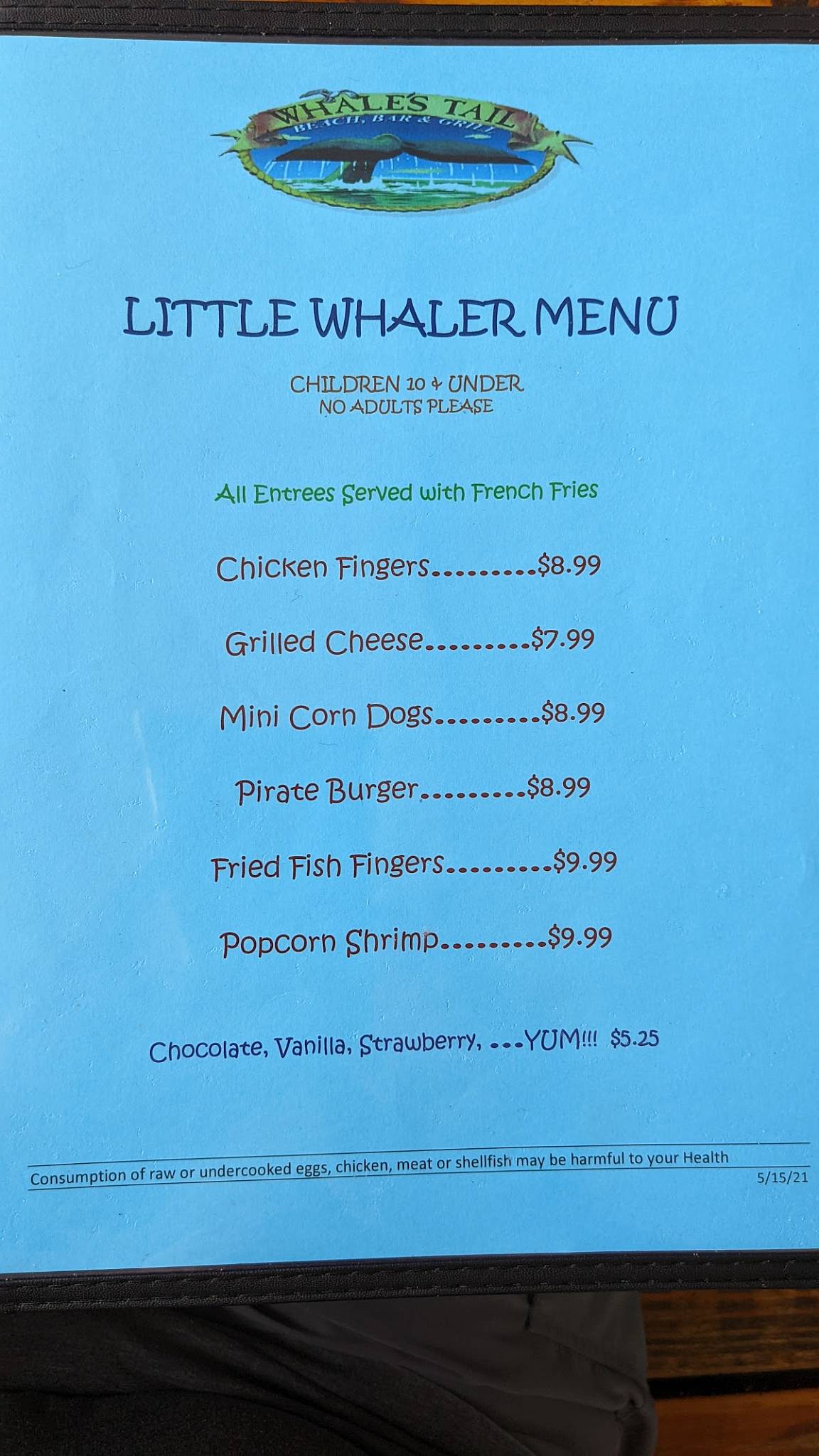 Menu at The Whale's Tail Beach Bar & Grill, Miramar Beach, Scenic Gulf Dr